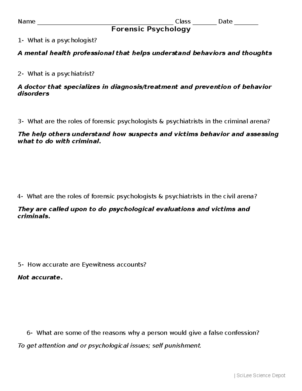 Forensic Psychology Worksheet: Understanding Roles & Eyewitness ...