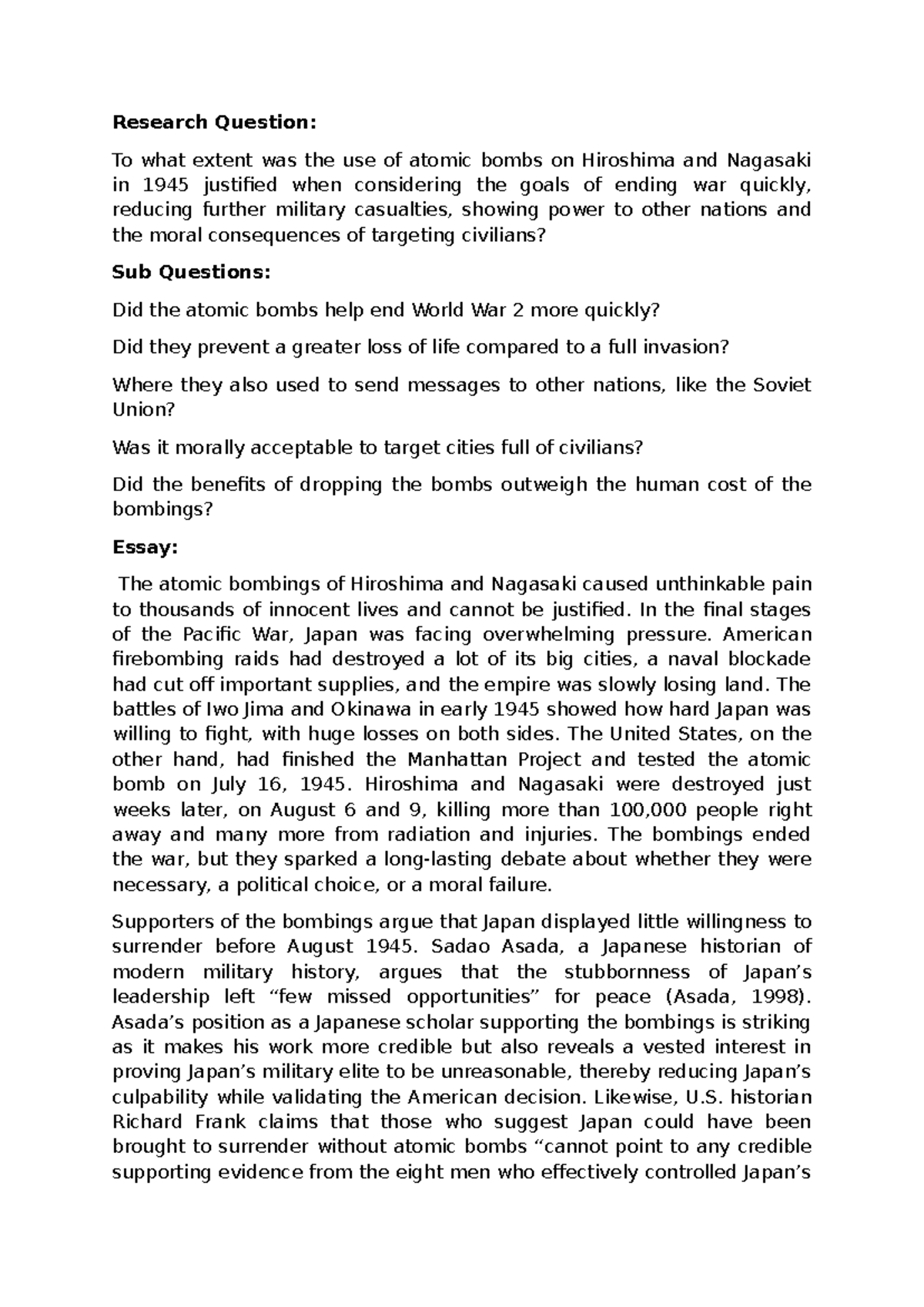 History Term 3 - WWII Exam: Justification of Atomic Bombs on Japan ...