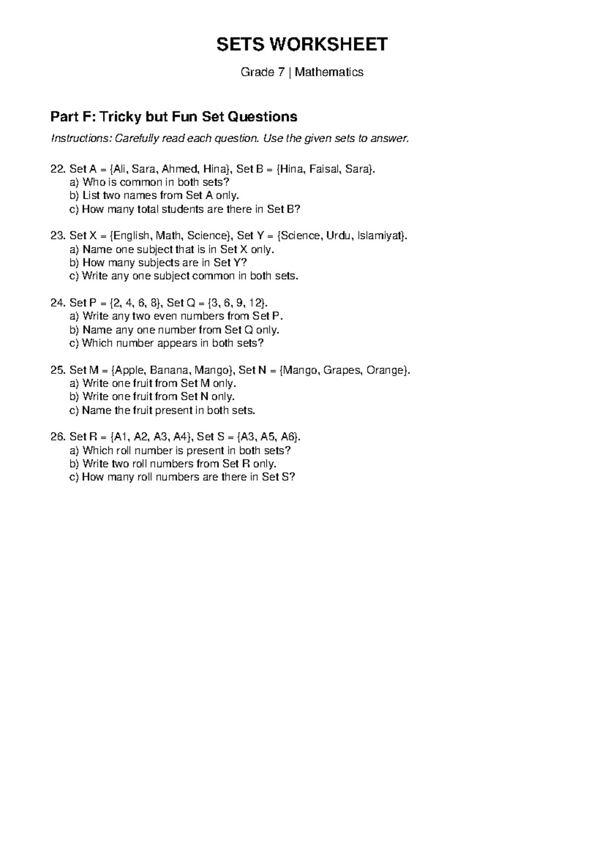 SETS WORKSHEET Grade 7 Math: Fun & Tricky Set Questions - Studocu