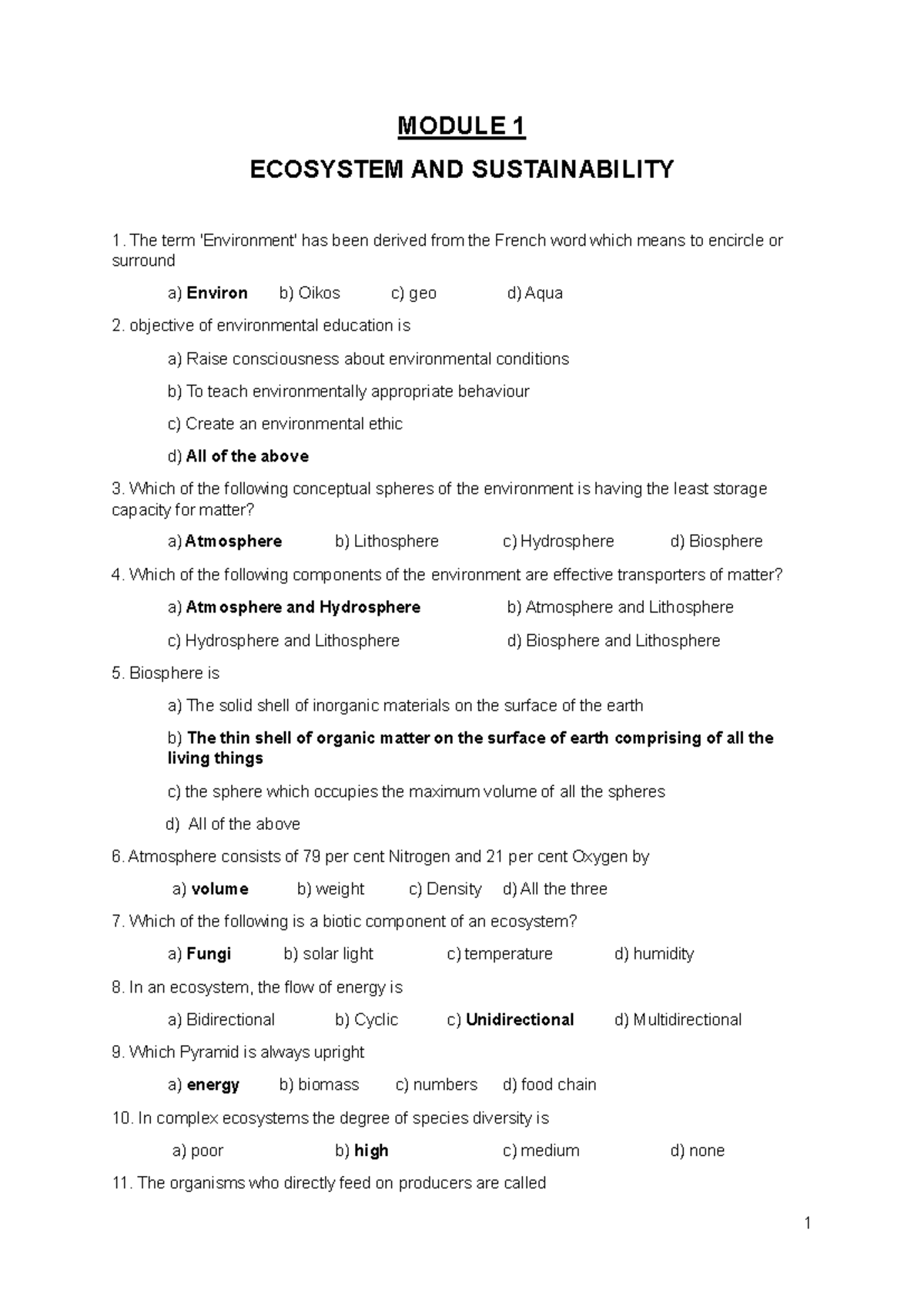 EVS full notes - 1 MODULE 1 ECOSYSTEM AND SUSTAINABILITY 1. The term ...