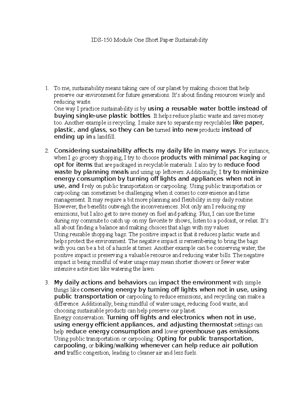 IDS-150 Module 1 Short Paper on Sustainable Practices and Choices - Studocu