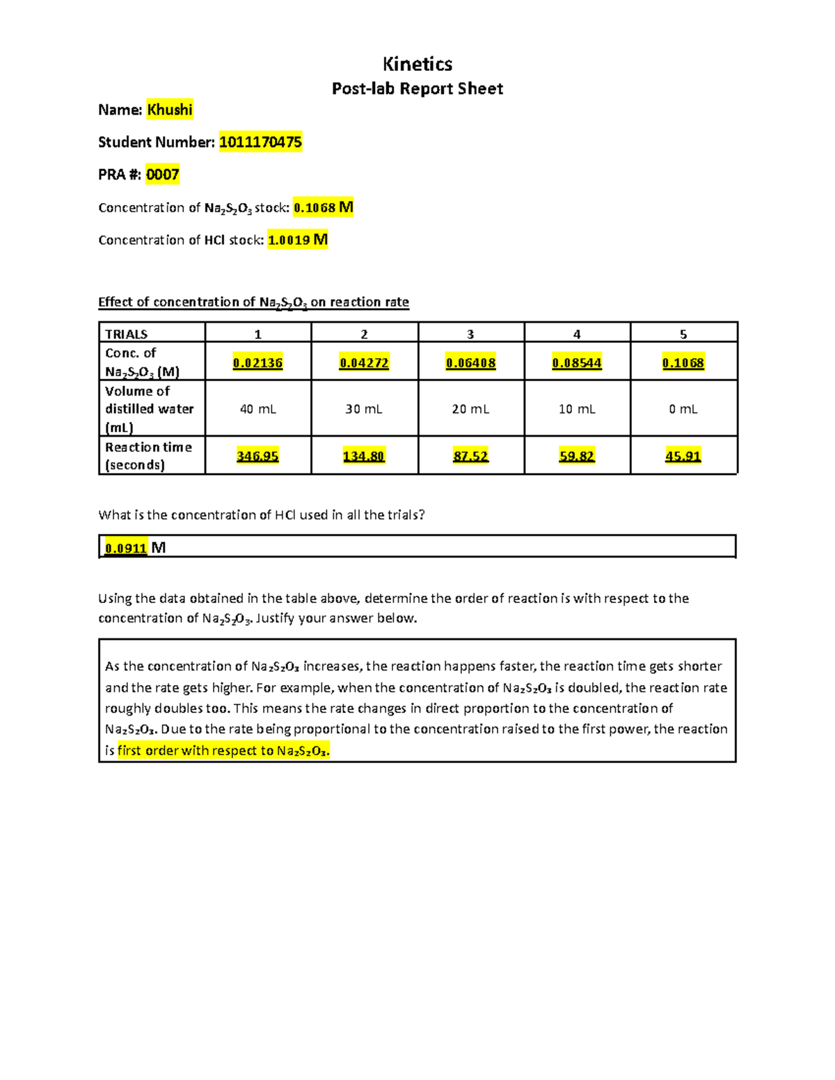 Kinetics Report Sheet: Na2S2O3 & HCl Reaction Analysis - Studocu