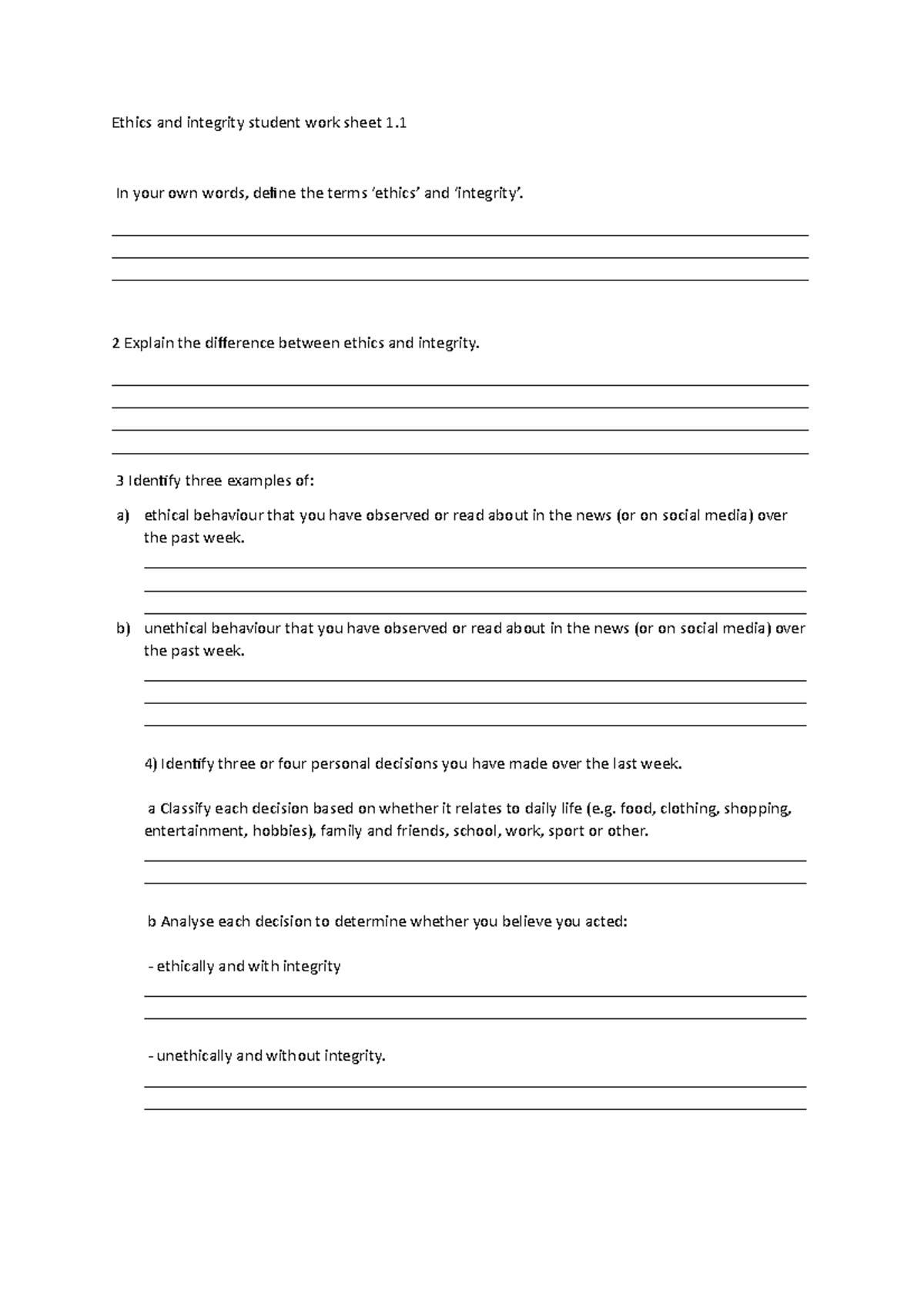 Ethics & Integrity Worksheet 1: Understanding Concepts & Examples - Studocu