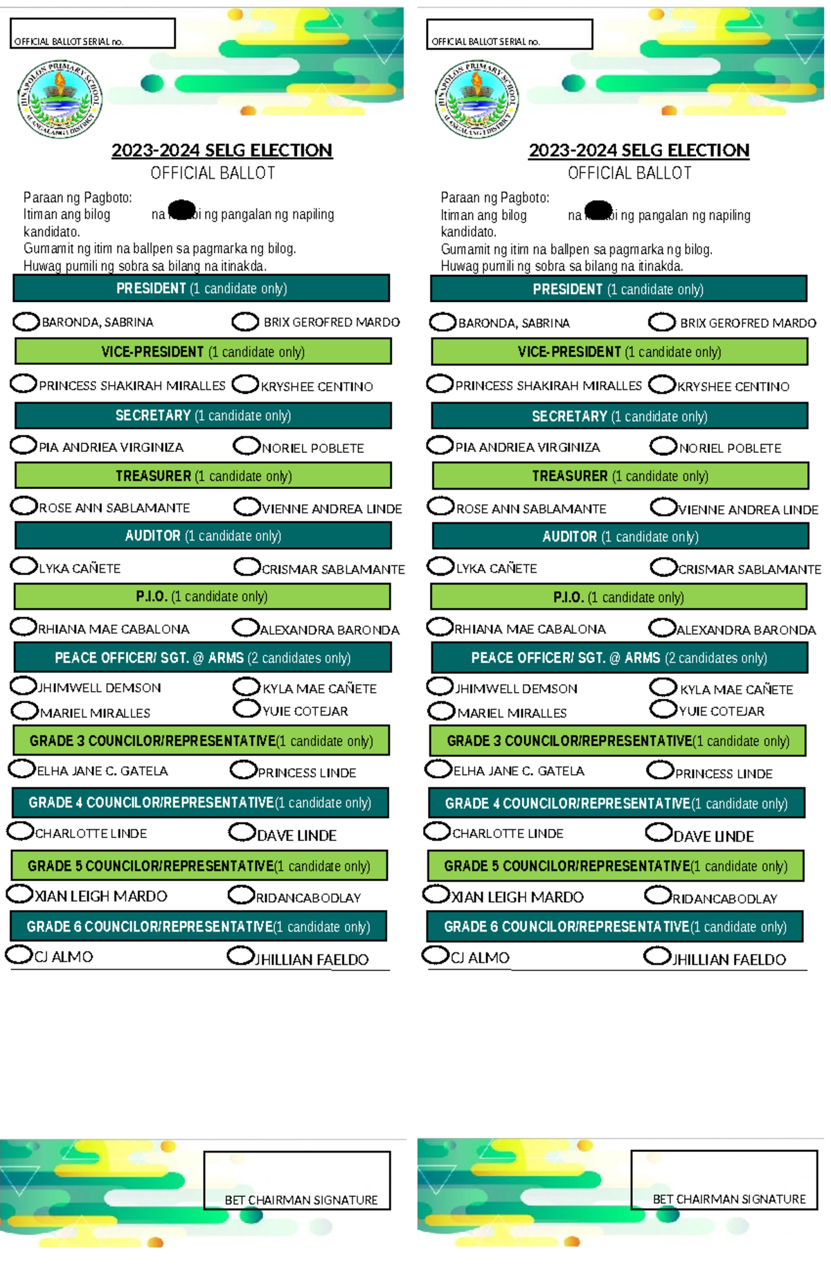 2023-2024 SELG ELECTION Official Ballot Sample - Studocu