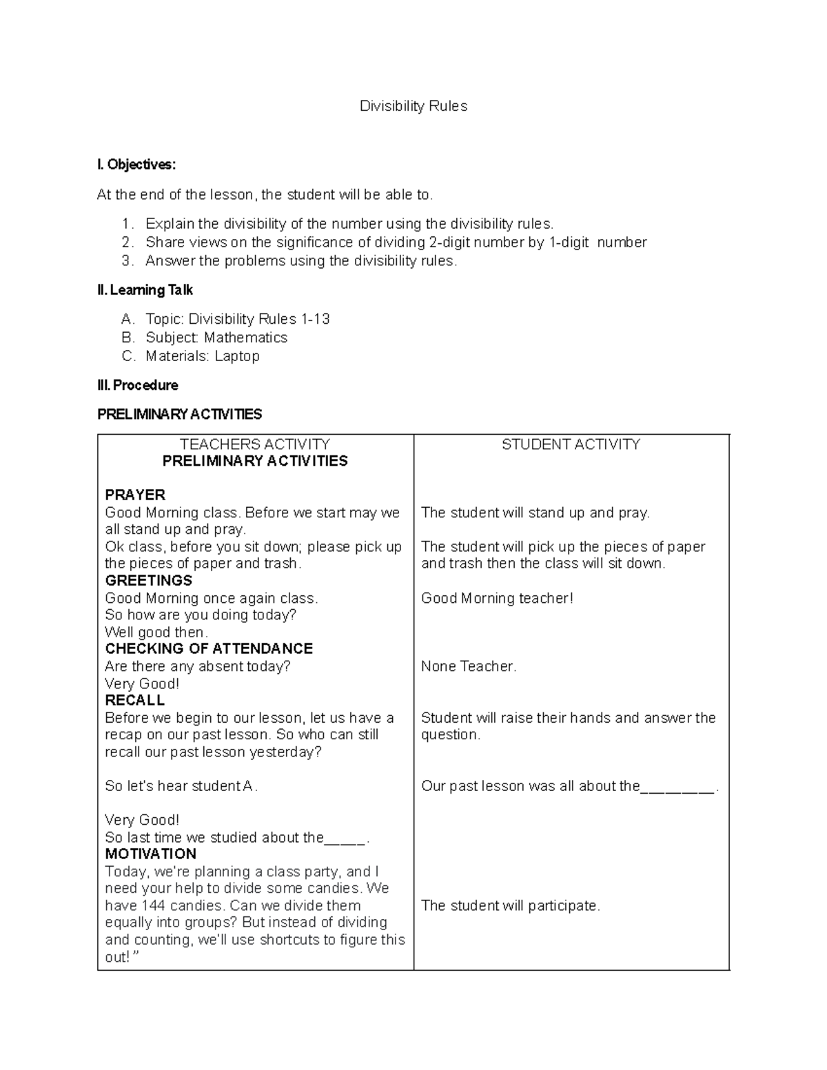 Divisibility Rules - Mathematics Lesson Plan (Divisibility-28) - Studocu