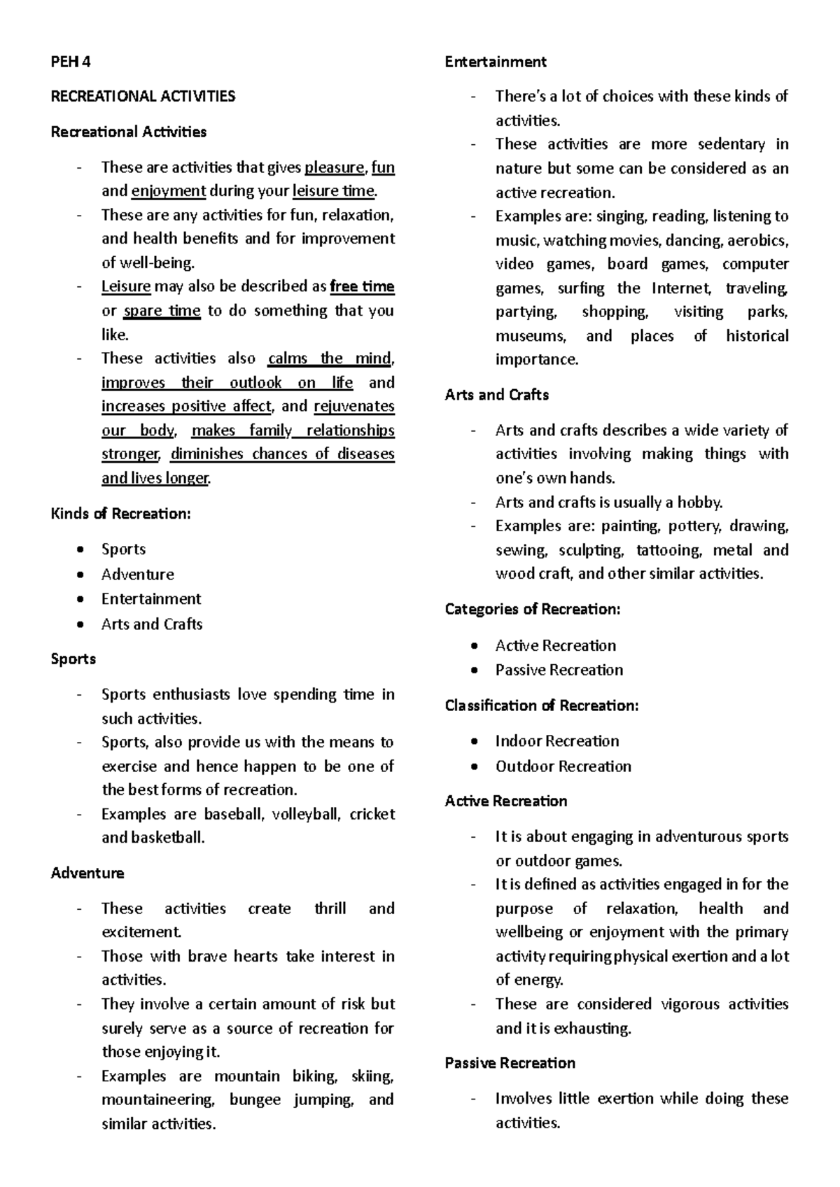 PEH 4 Midterm Review: Understanding Recreational Activities - Studocu