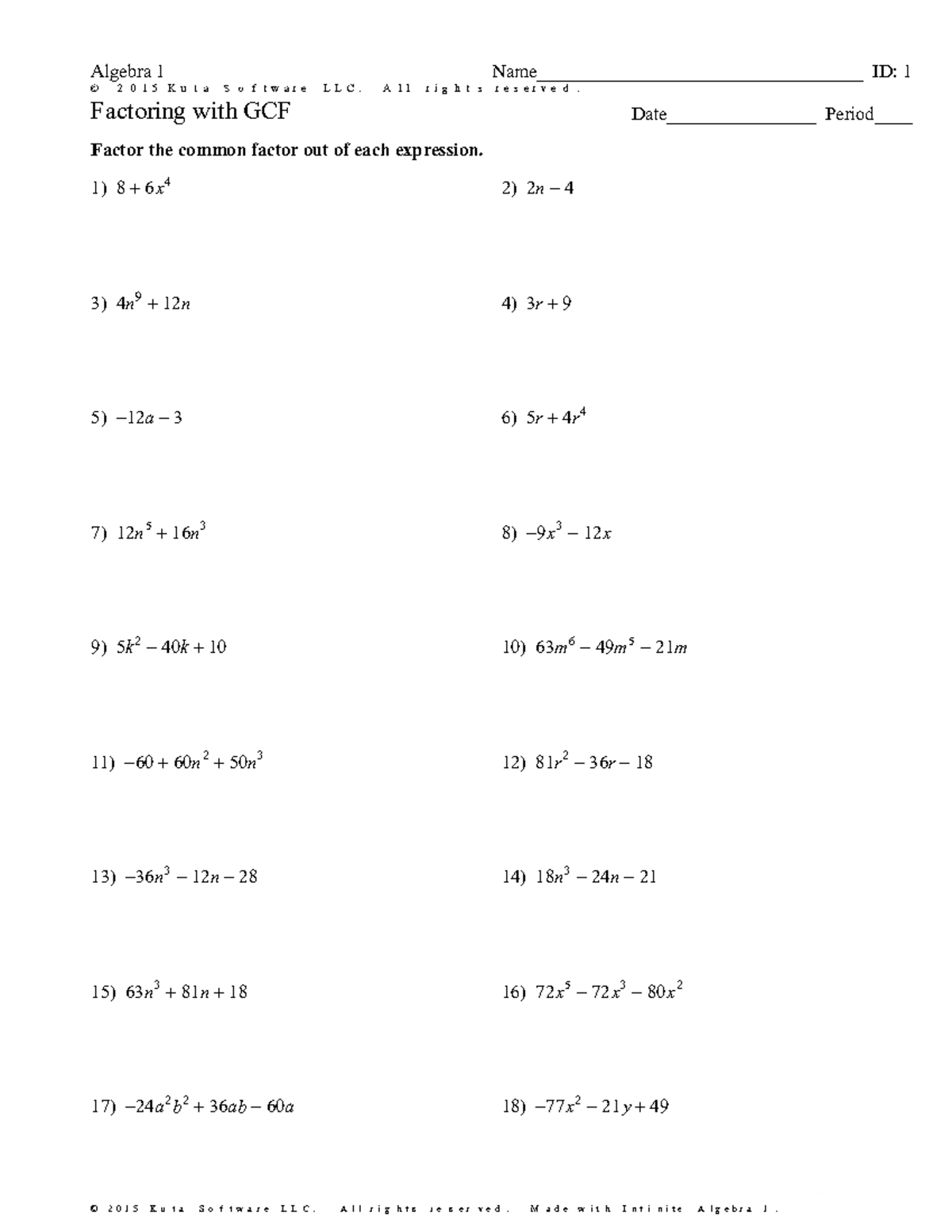 Algebra 1: Factoring with GCF Worksheet and Answers - Studocu