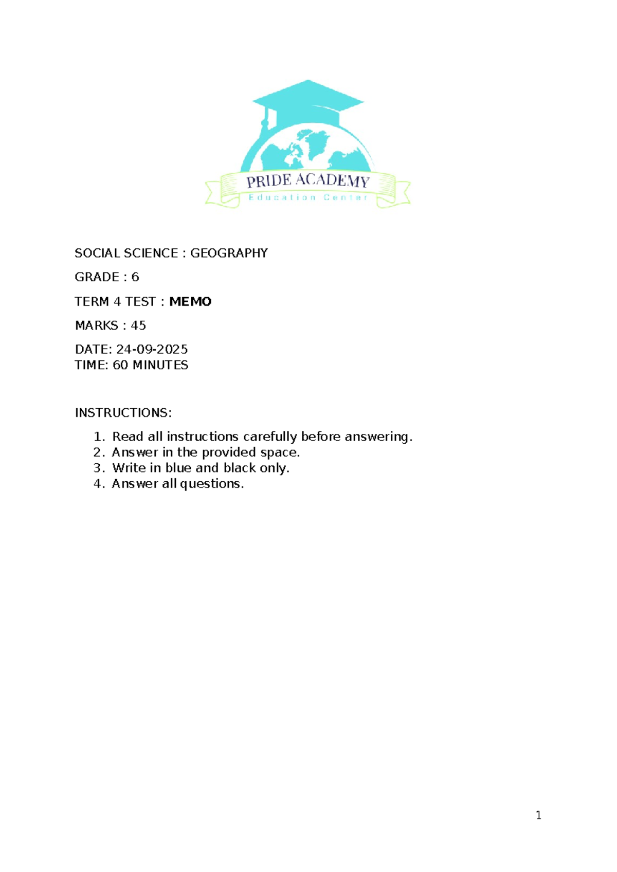 Grade 6 Social Science Geography Term 4 Test Memo - Studocu