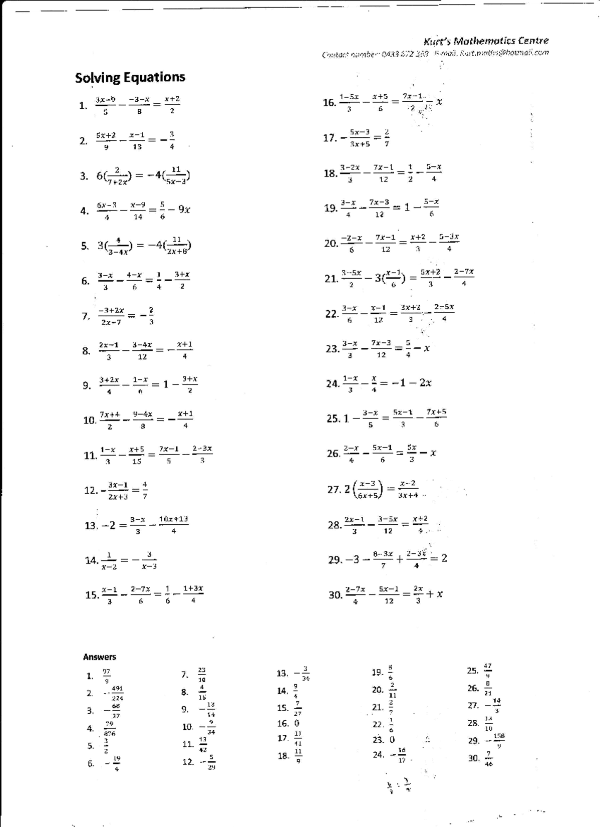 Solving Equations worksheet - Mathematics Centre Contact number: 0433 ...