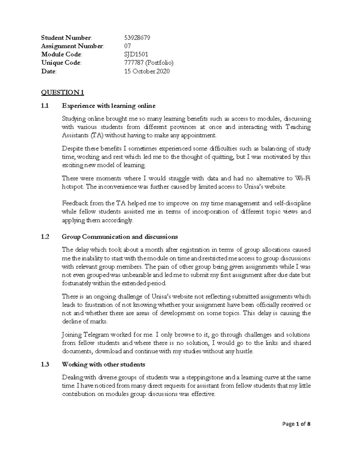 SJD1501 - Assignment 7: Reflections on online learning and criminal ...