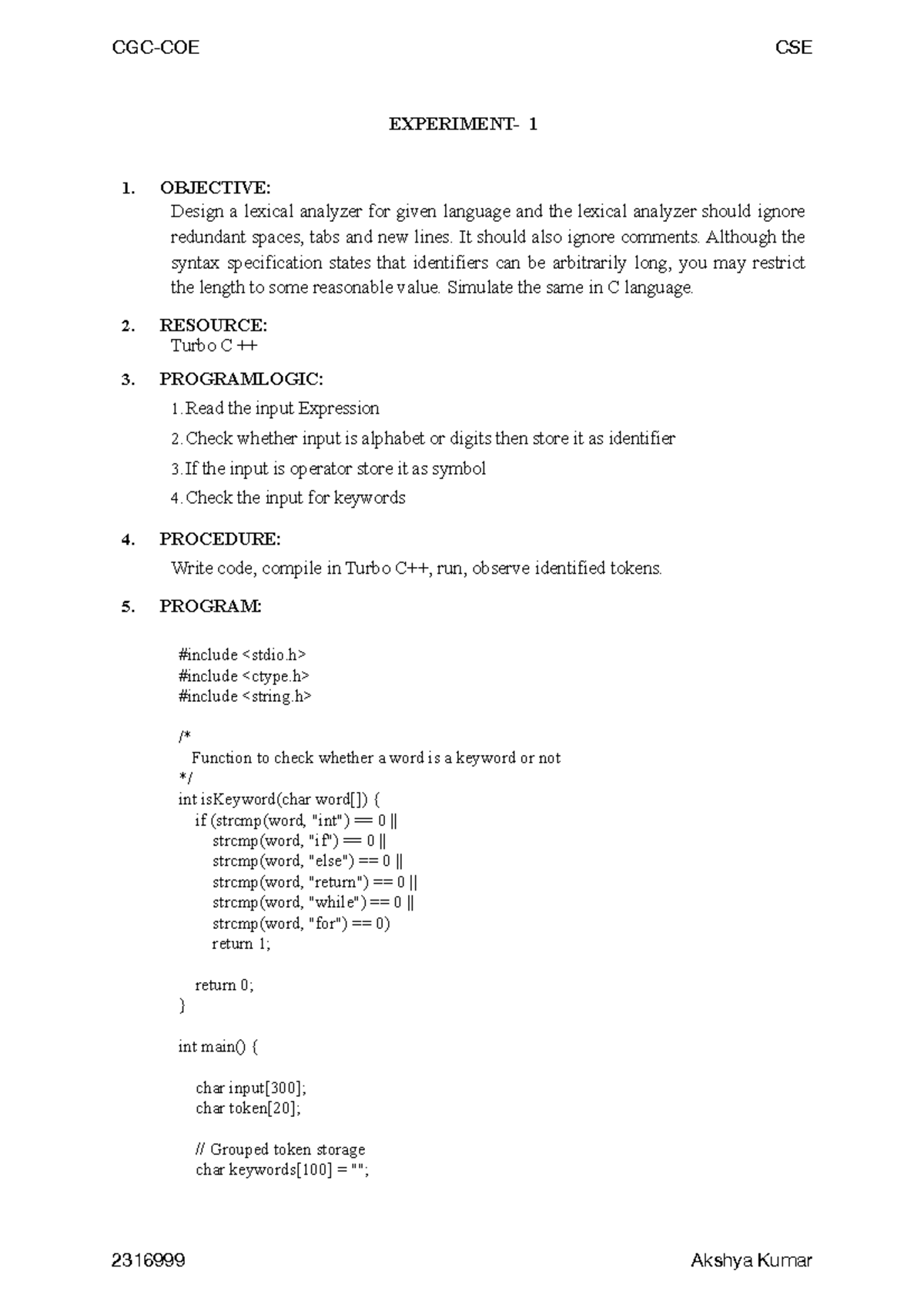 CSE Lexical Analyzer Design and Comment Identification in C - Studocu