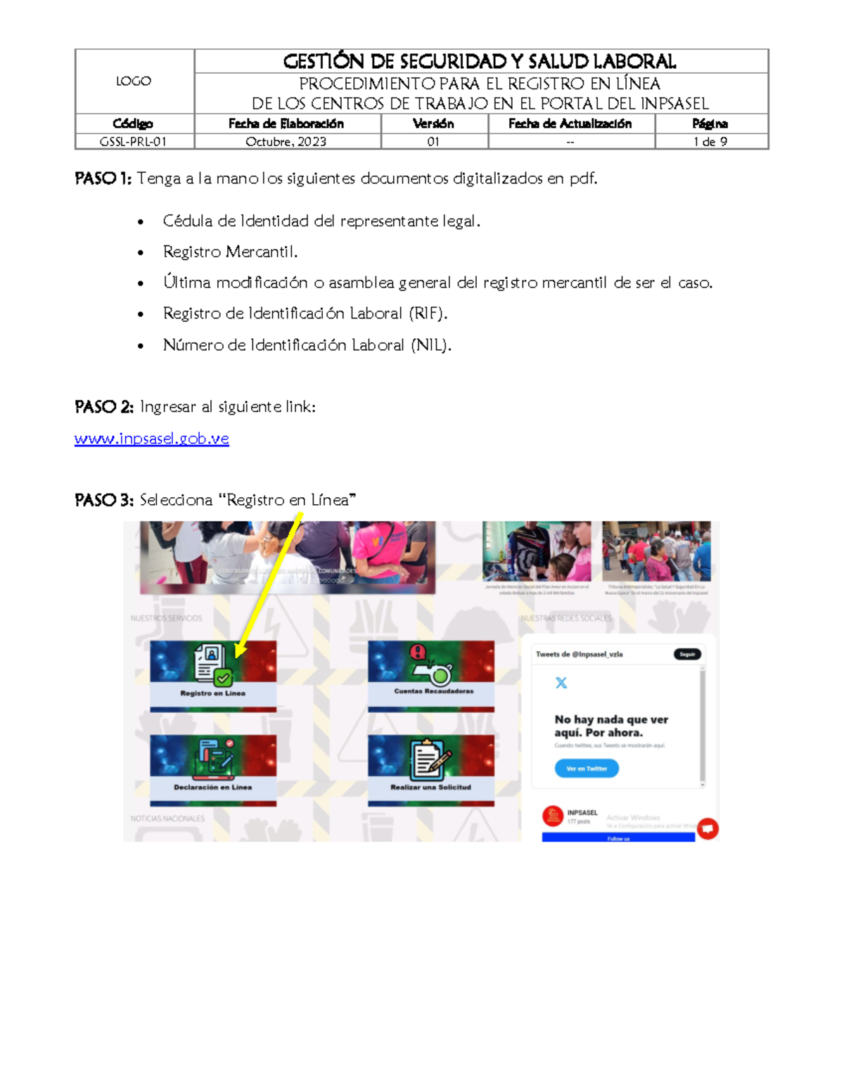 GSSL-PRL-01: Procedimiento Para Registro en Línea en INPSASEL - Studocu