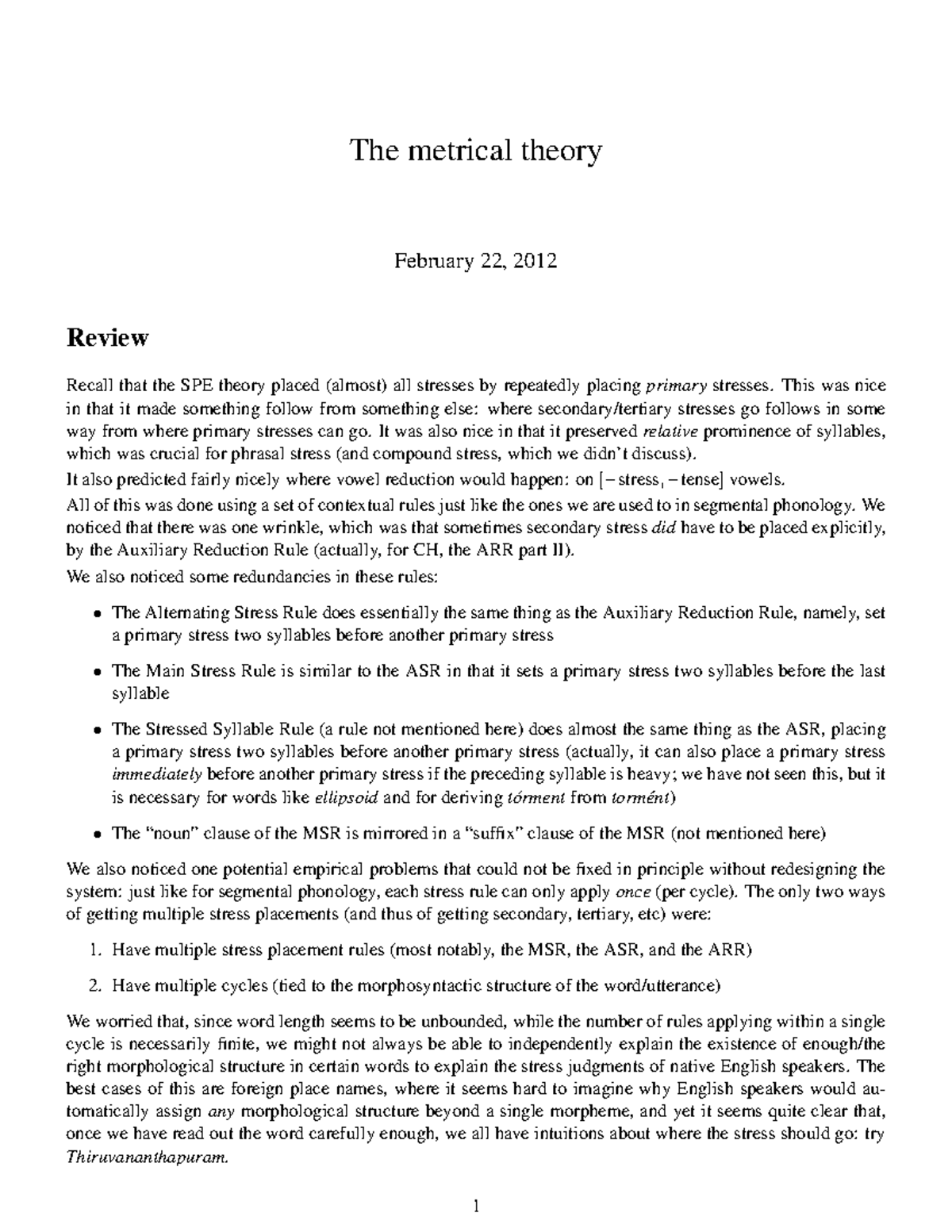 The metrical theory - Notes de cours 9 - The metrical theory February ...