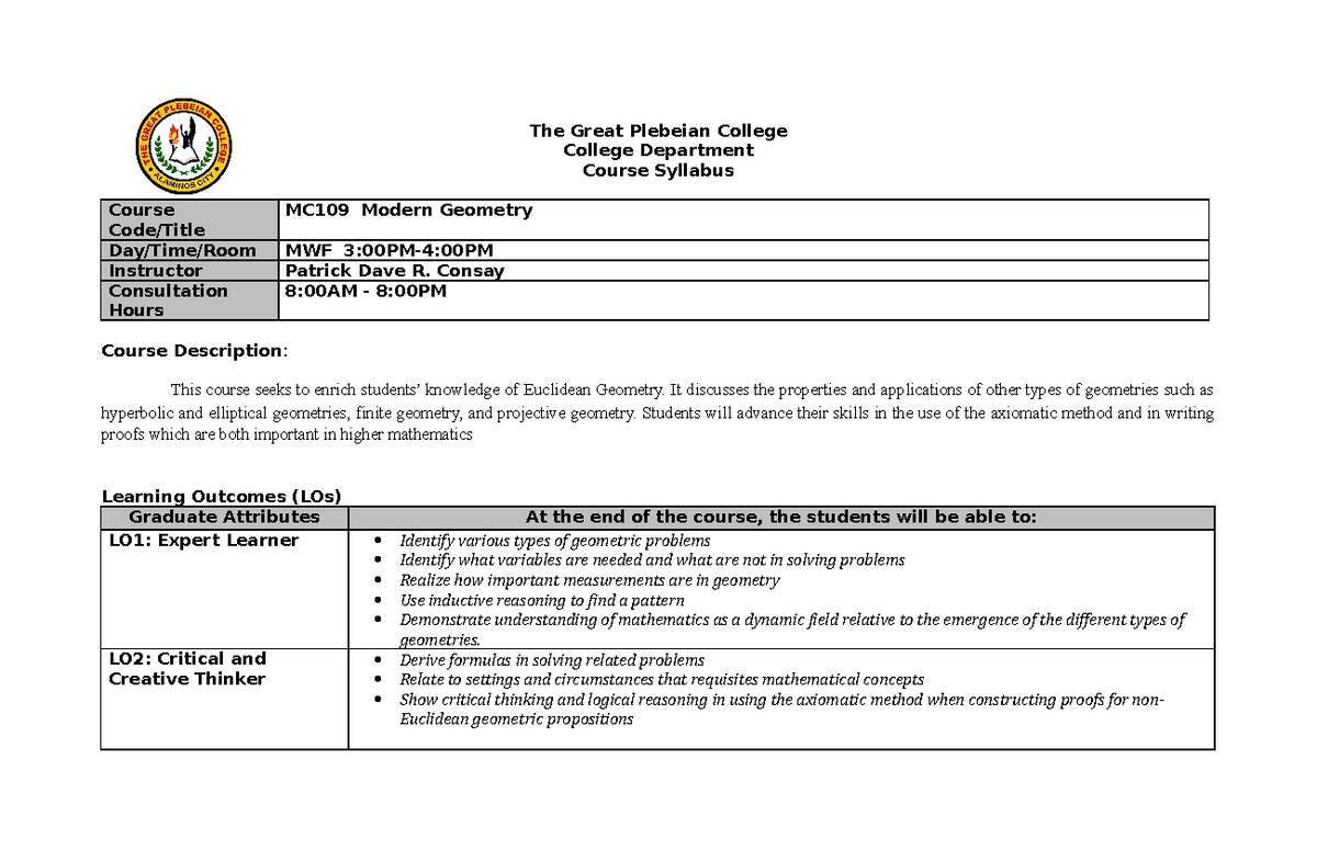 MC 109 Modern Geometry Syllabus - The Great Plebeian College College ...
