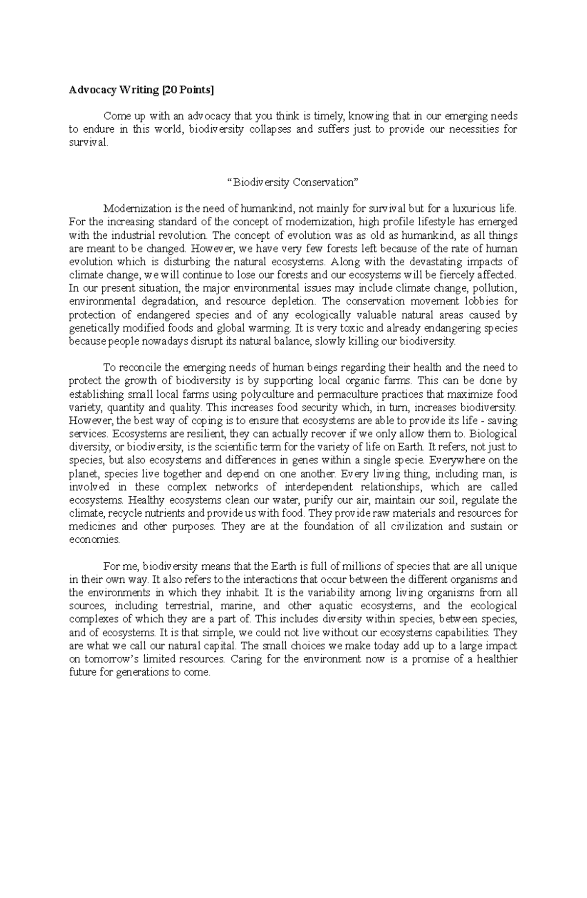 1111 - Lesson - Advocacy Writing [20 Points] Come up with an advocacy ...