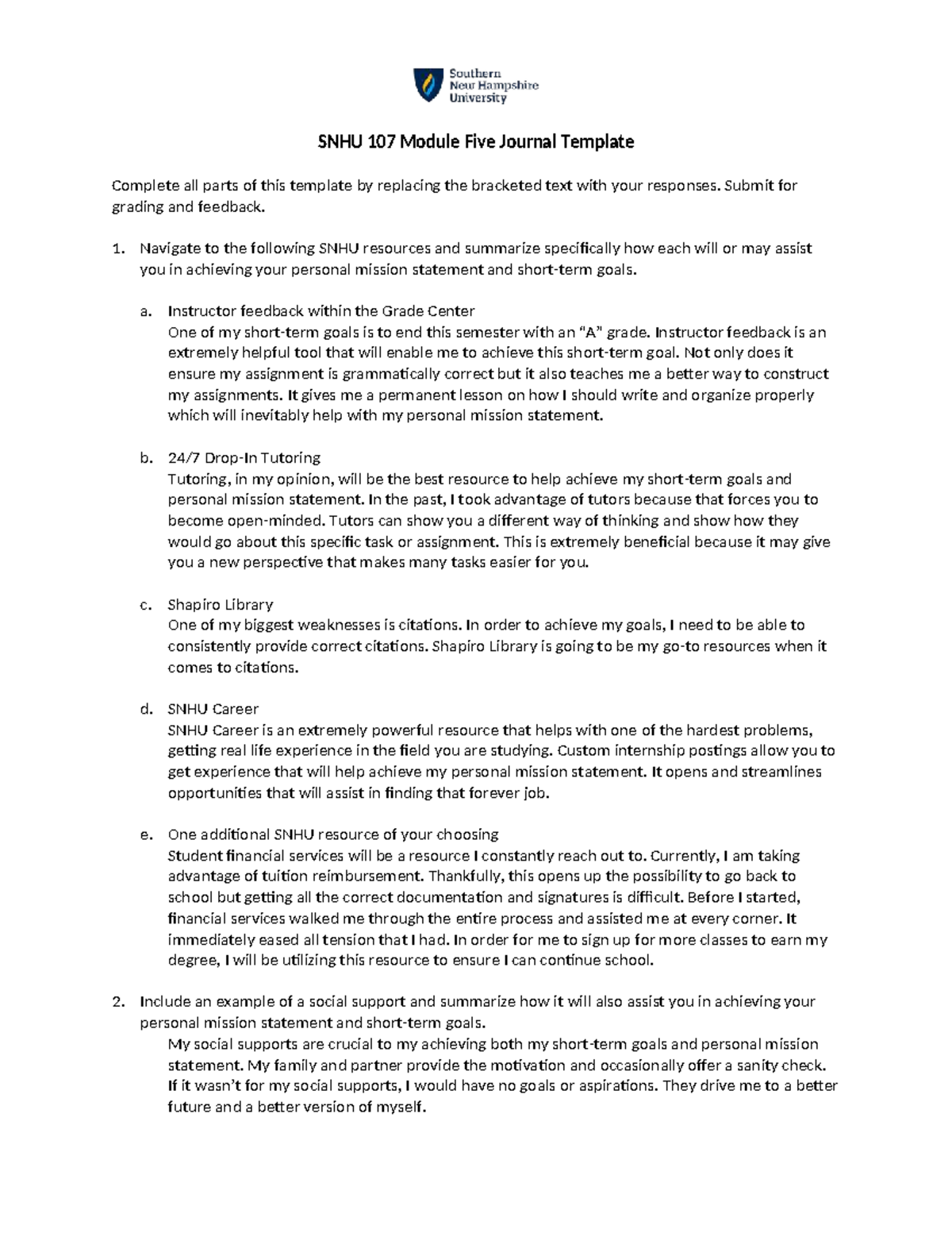 SNHU 107 Module Five Journal: Personal Mission Statement Insights - Studocu