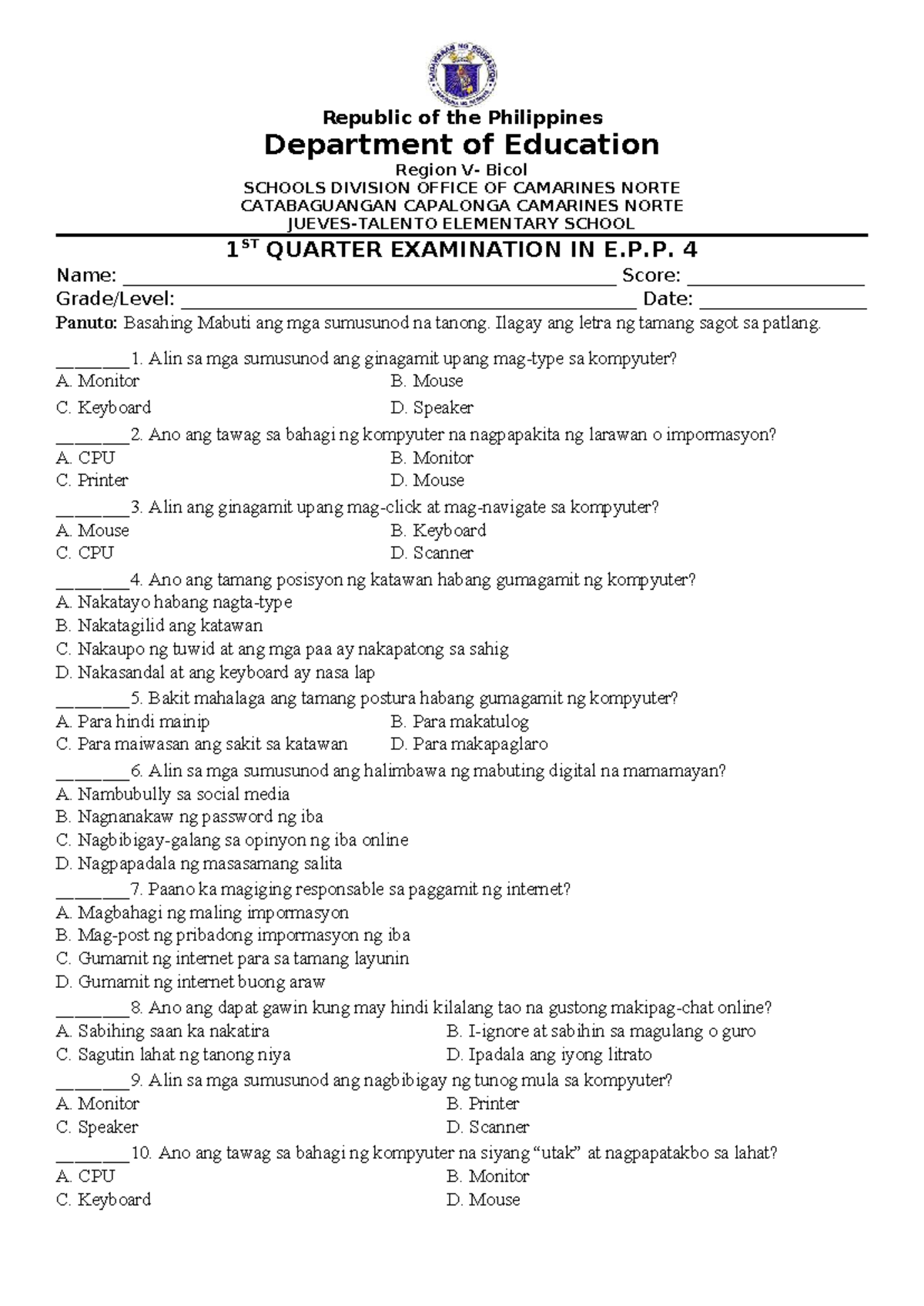 1ST Quarter Examination in E.P.P. 4 - Studocu