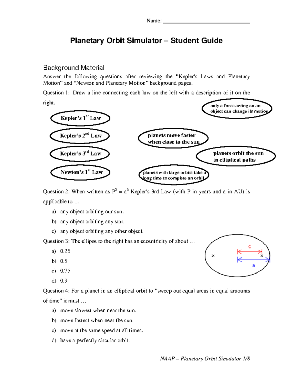 NAAP Planetary Orbit Simulator Student Guide: Laws of Motion and Orbits ...
