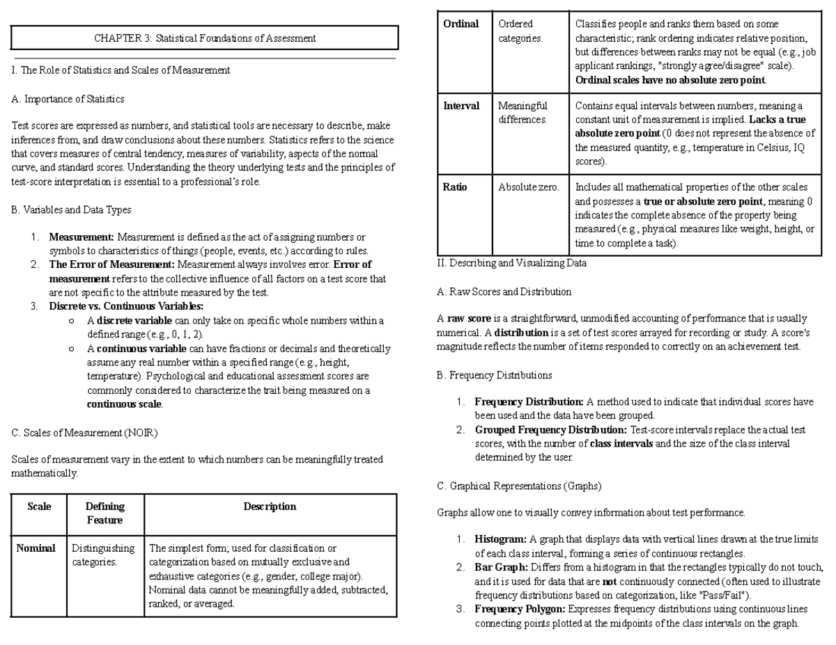 Chapter 3: Statistical Foundations of Assessment (NOIR Scales) - Studocu