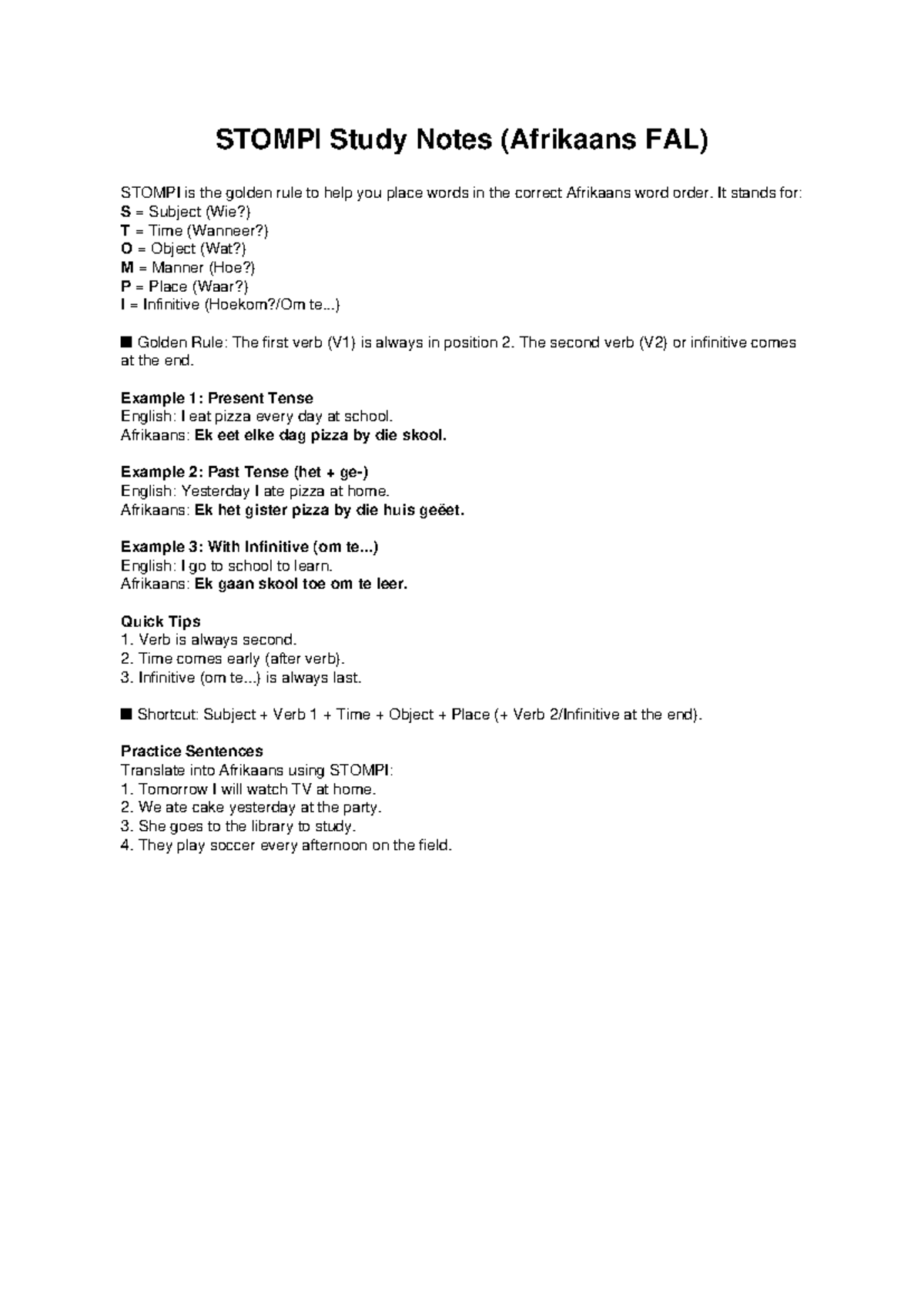 STOMPI Study Notes (Afrikaans FAL) - Word Order Guide - Studocu