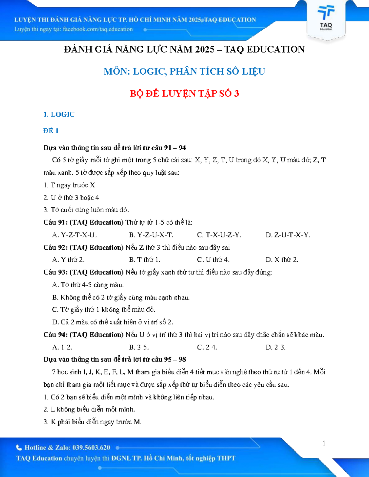 BỘ ĐỀ LUYỆN TẬP SỐ 3 - ĐGNL Logic & PTSL - TAQ EDUCATION 2025 - Studocu
