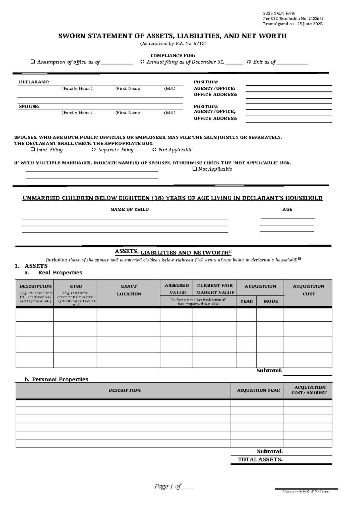 2025 SALN Form and Annexes per CSC Resolution No. 2500632 - Studocu