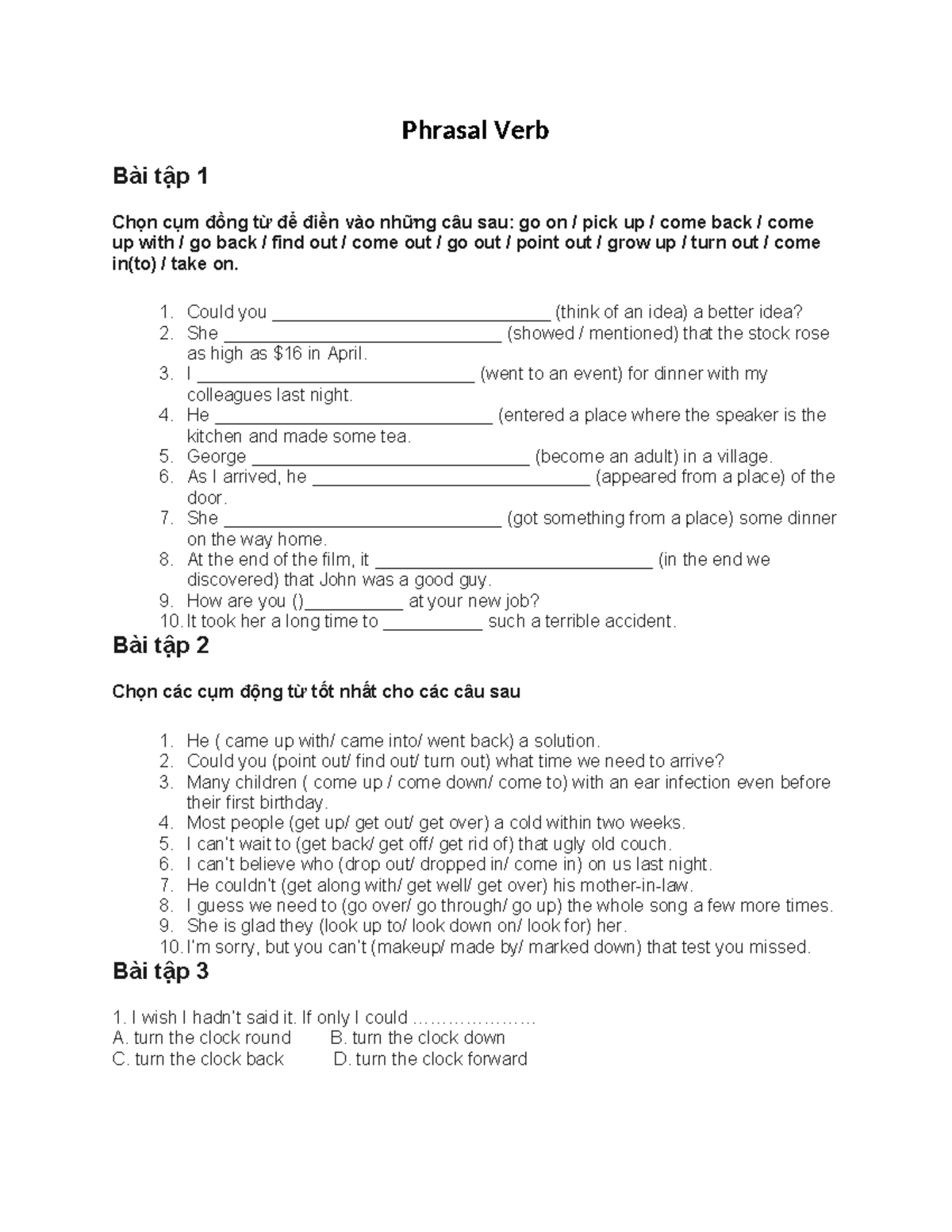 Phrasal verb exercises and practice for English learners - Studocu