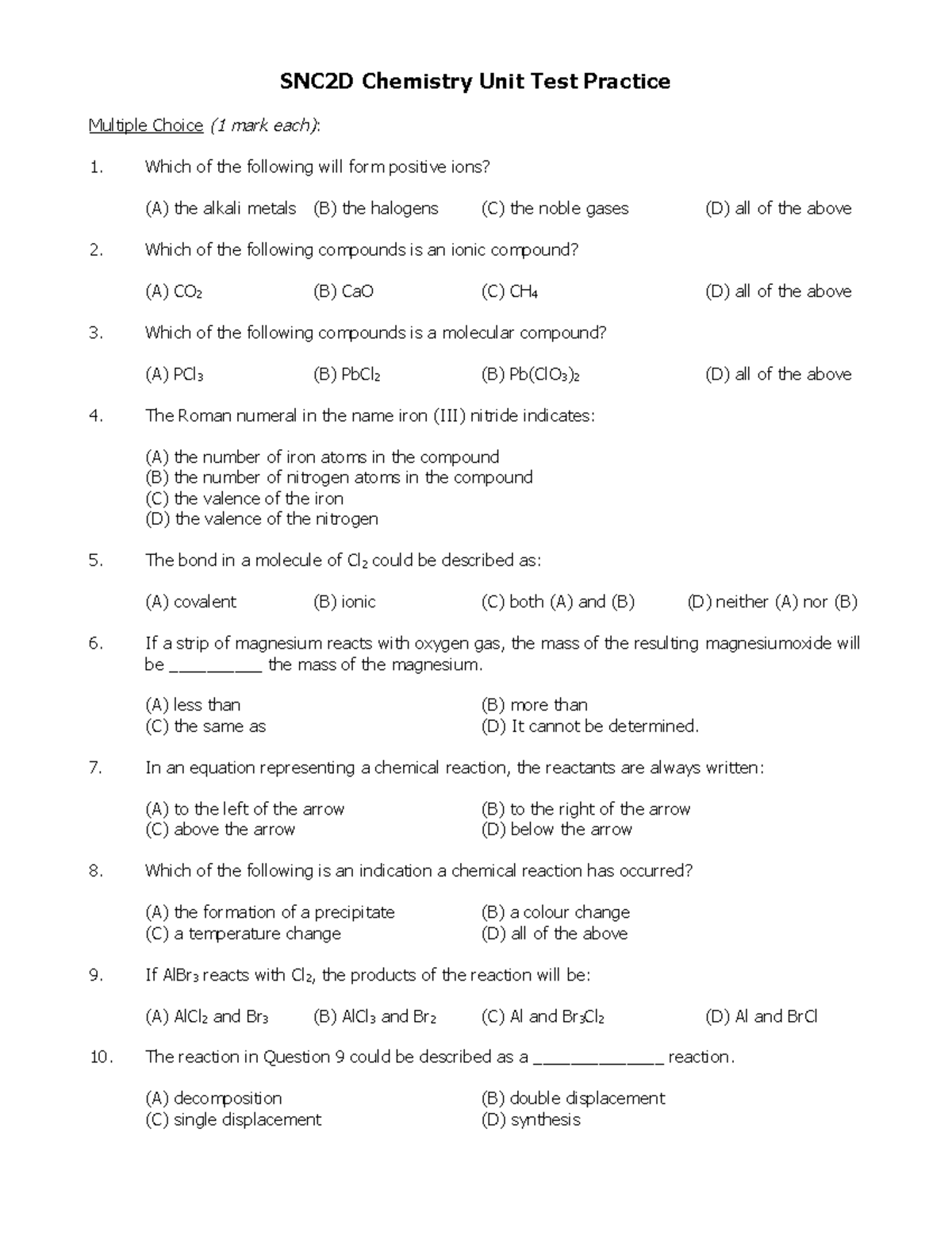 SNC2D Chemistry Unit Test Practice Questions and Answers - Studocu