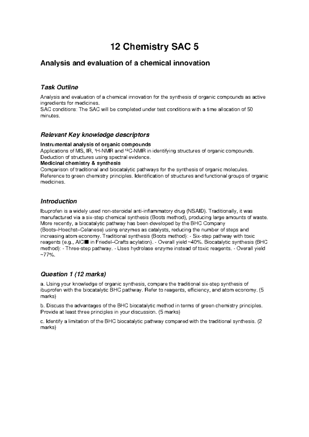 Chemistry SAC5: Analysis of Ibuprofen Synthesis Innovations - Studocu