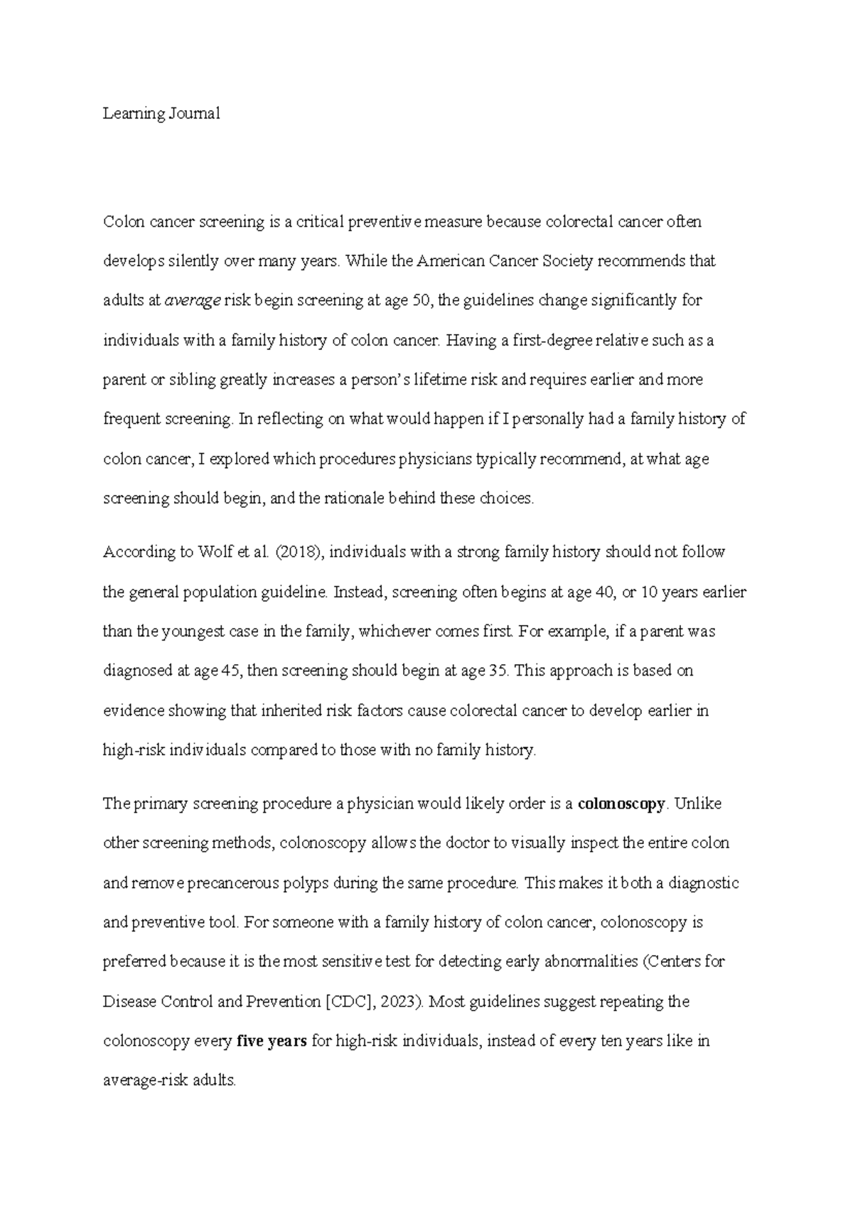 Learning Journal: Colon Cancer Screening Guidelines - HS 3210 - Studocu
