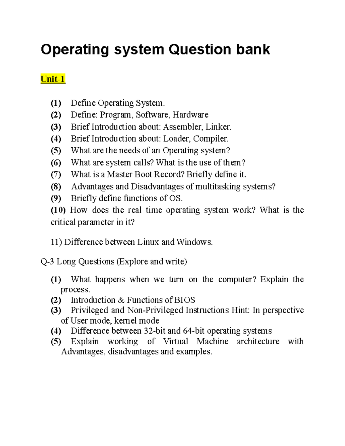Operating system Question bank - Operating system Question bank Unit- (1) Define Operating ...