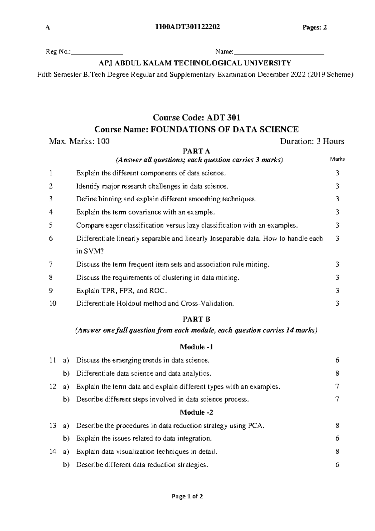 ADT 301 - Foundations of Data Science: Dec 2022 Exam Questions - Studocu