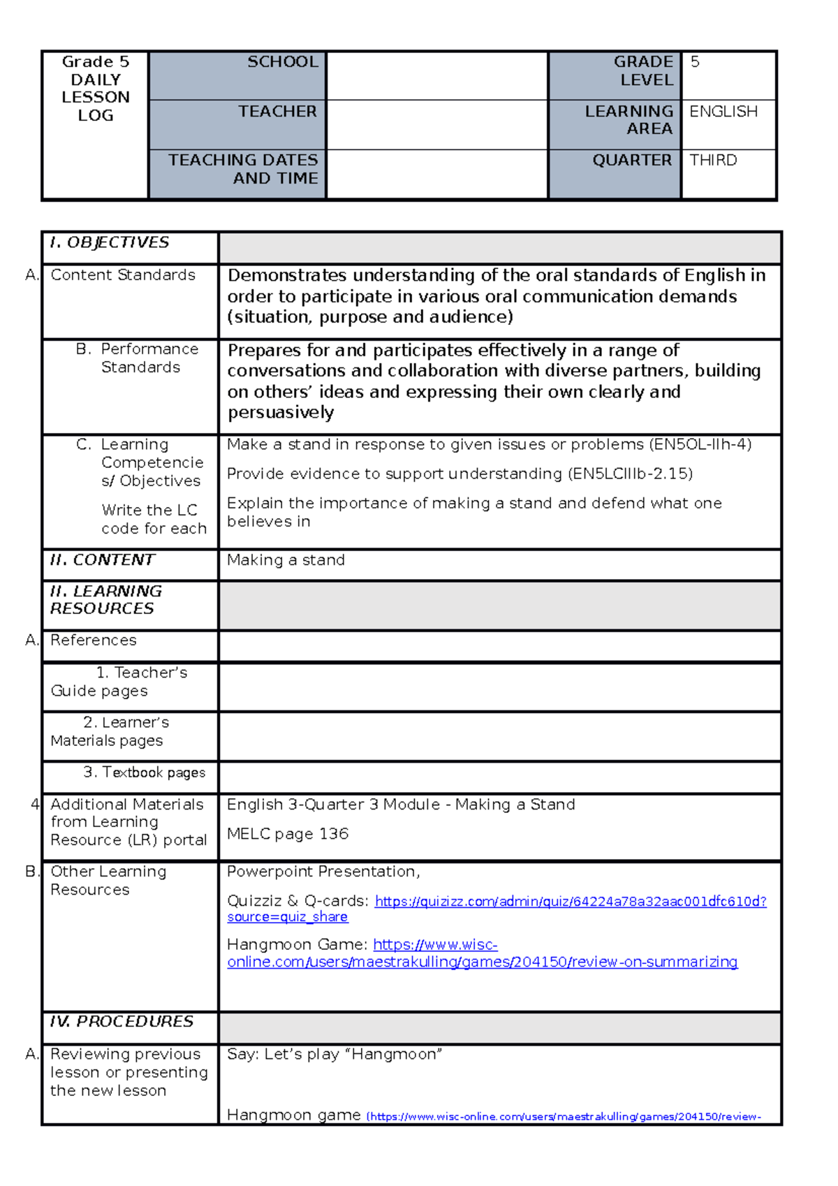 COT-English 5-Lesson Log on Making a Stand and Communication Skills ...