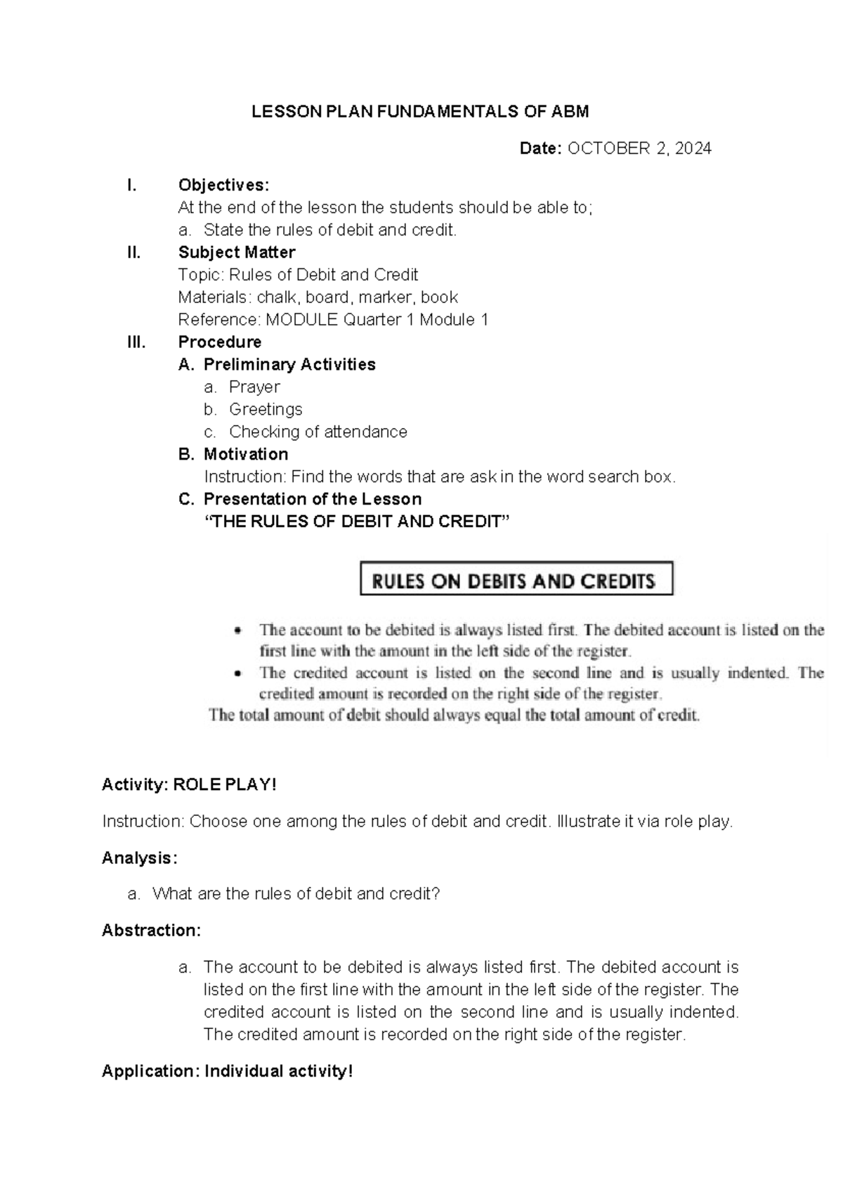 ABM 101: Lesson Plan on Rules of Debit and Credit - Studocu