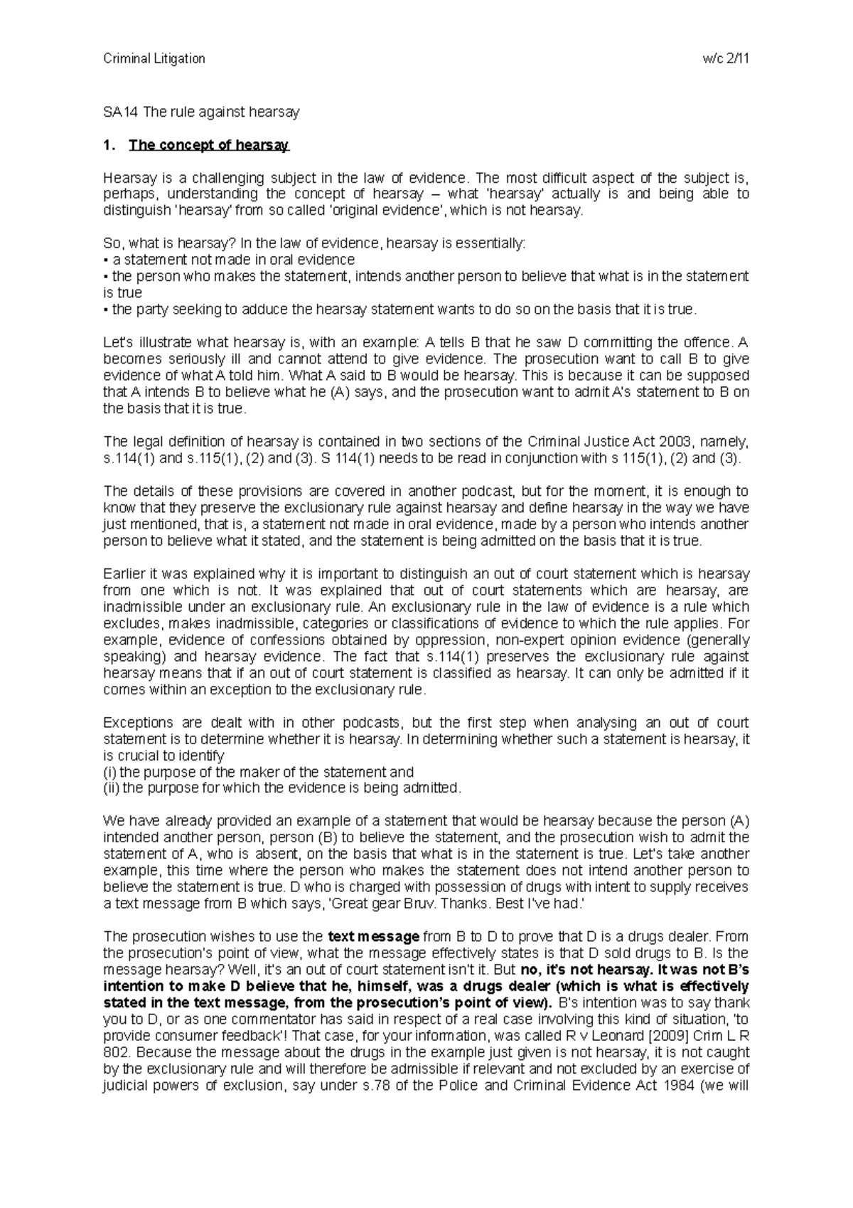 SA14 Summary of Hearsay: Understanding the Exclusionary Rule and ...