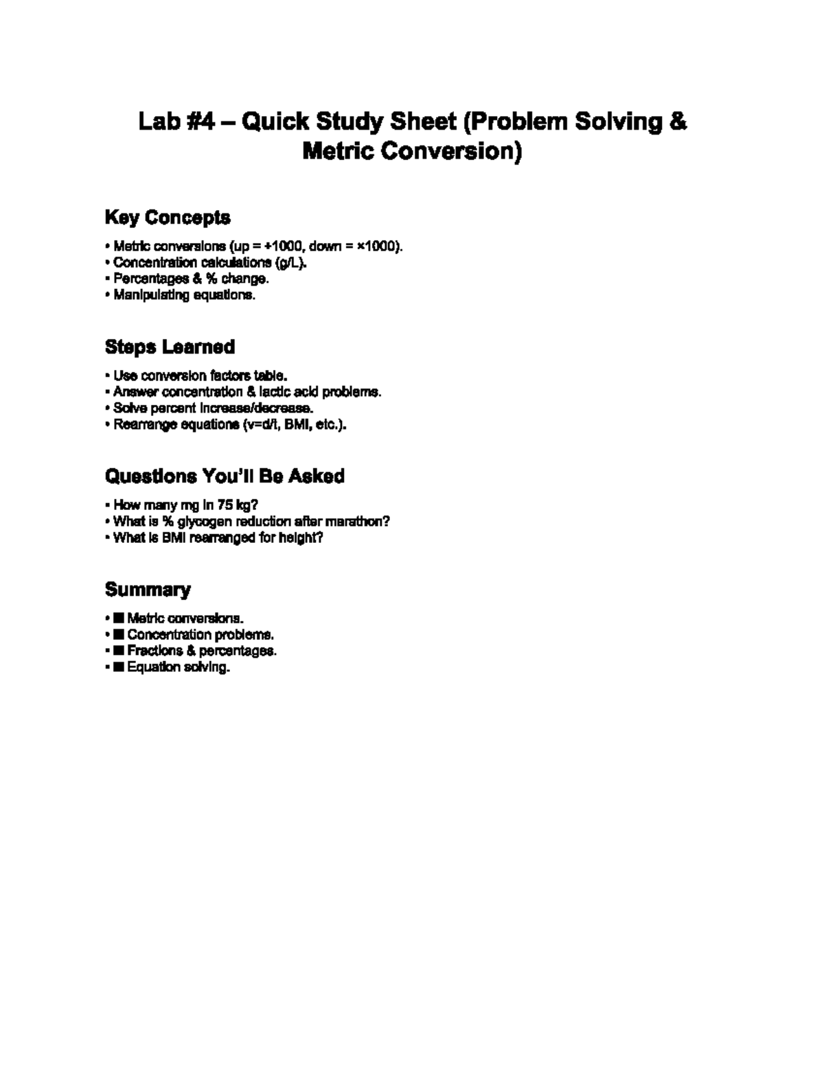 4.Lab 4 - Quick Study Sheet for Metric Conversions & Key Concepts - Studocu