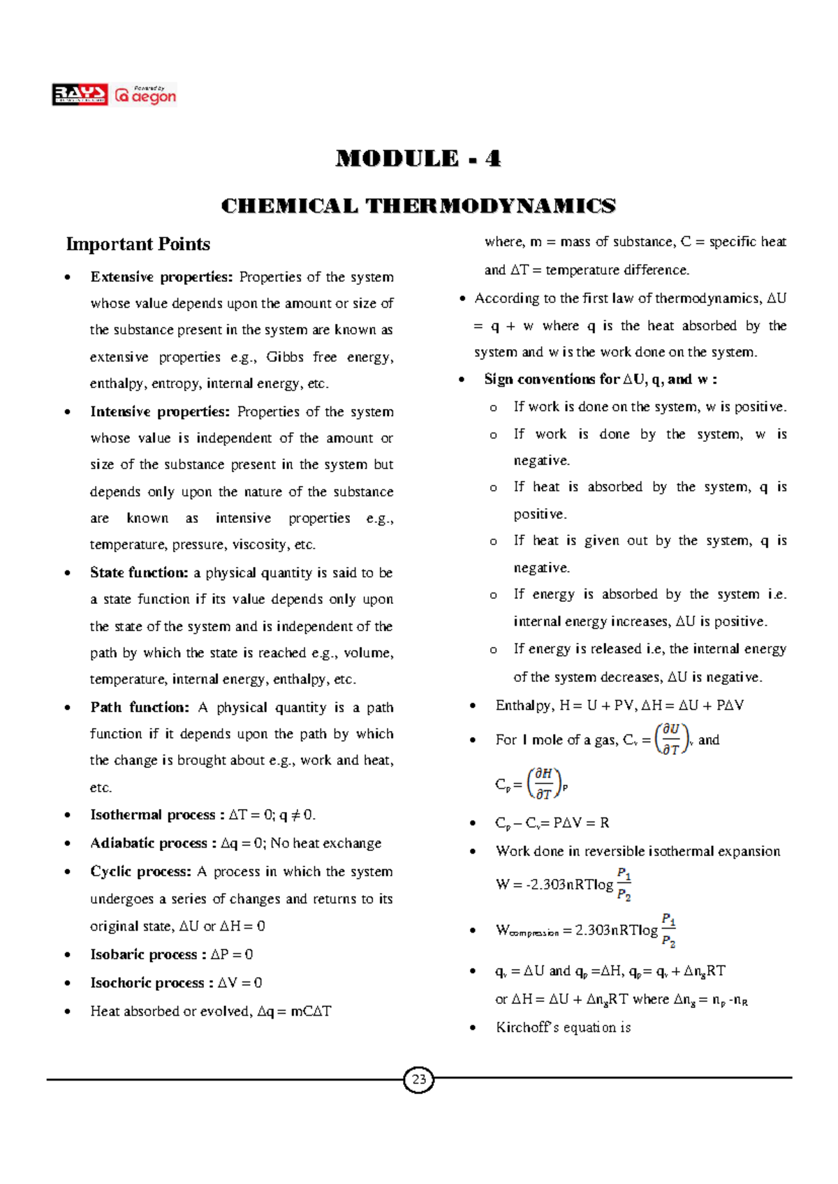 SET-4 CHEMICAL THERMODYNAMICS Important Concepts and Key Points - Studocu