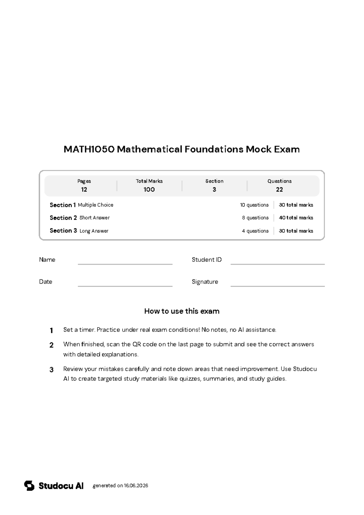 MATH1050 Mock Exam - Mathematical Foundations - Studocu