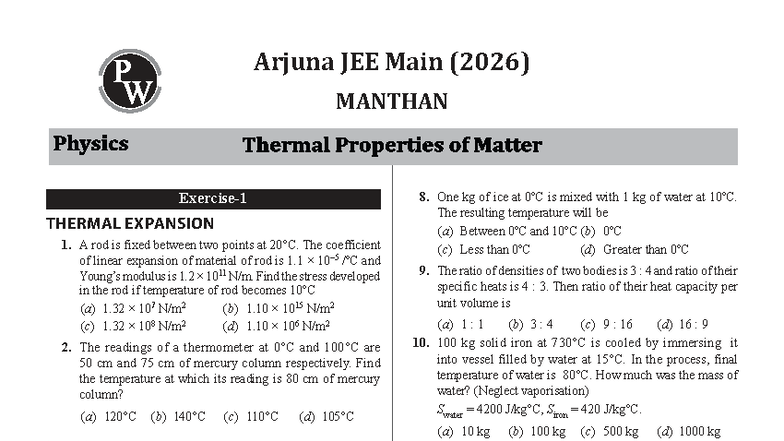 JEE Main (2026) MANTHAN Physics Thermal Properties of Matter Practice ...