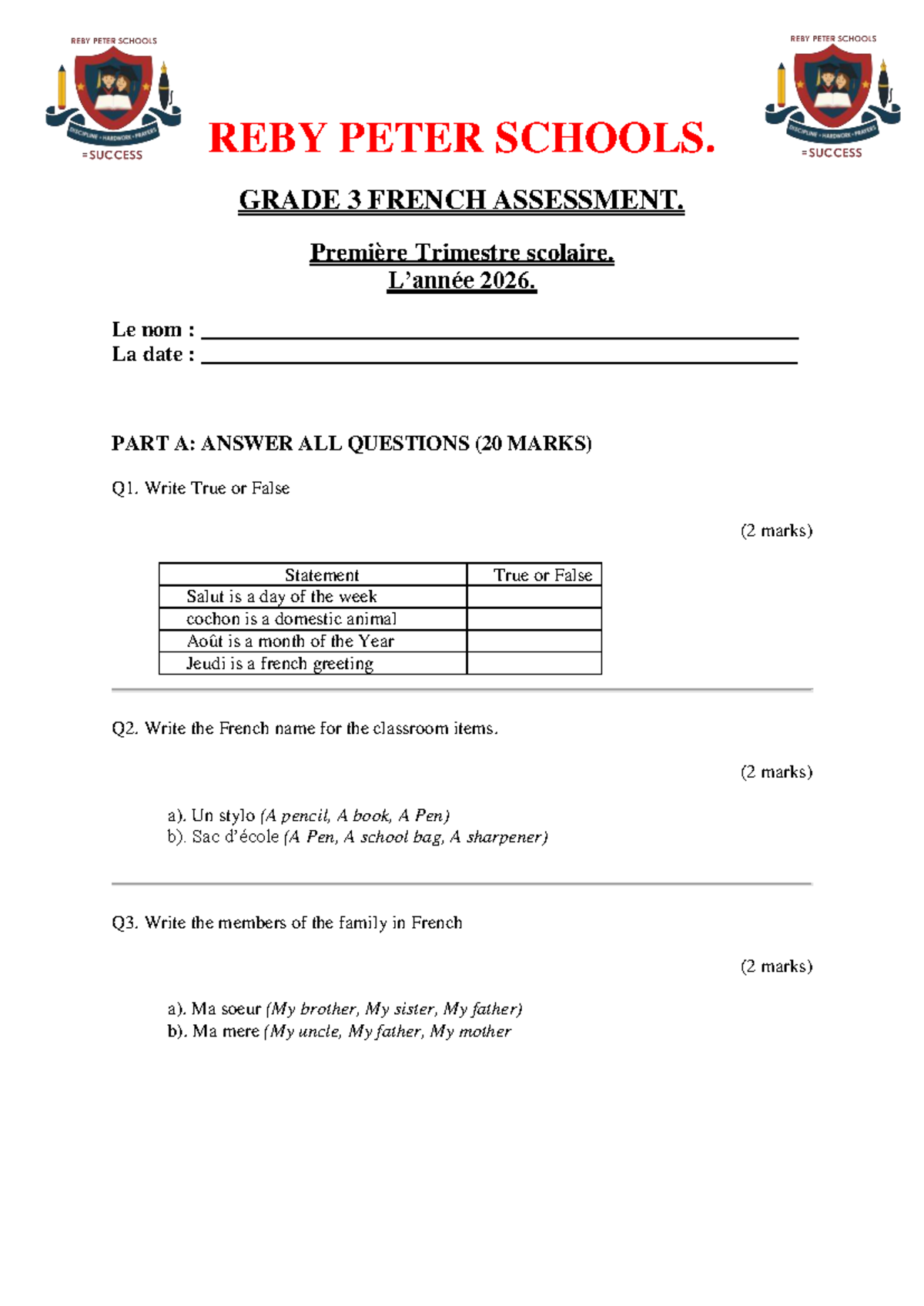 Grade 3 French Assessment - Première Trimestre 2026 - Studocu