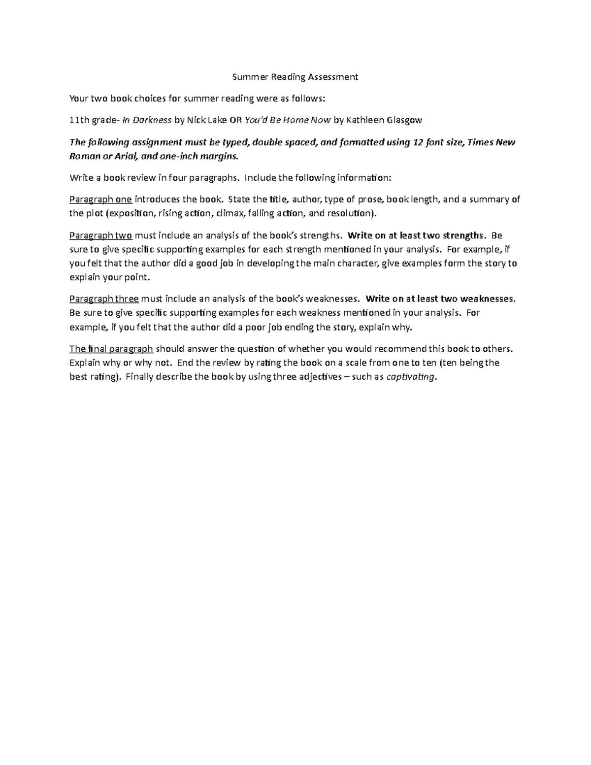 Book Review - Summer Reading Assessment - Summer Reading Assessment ...