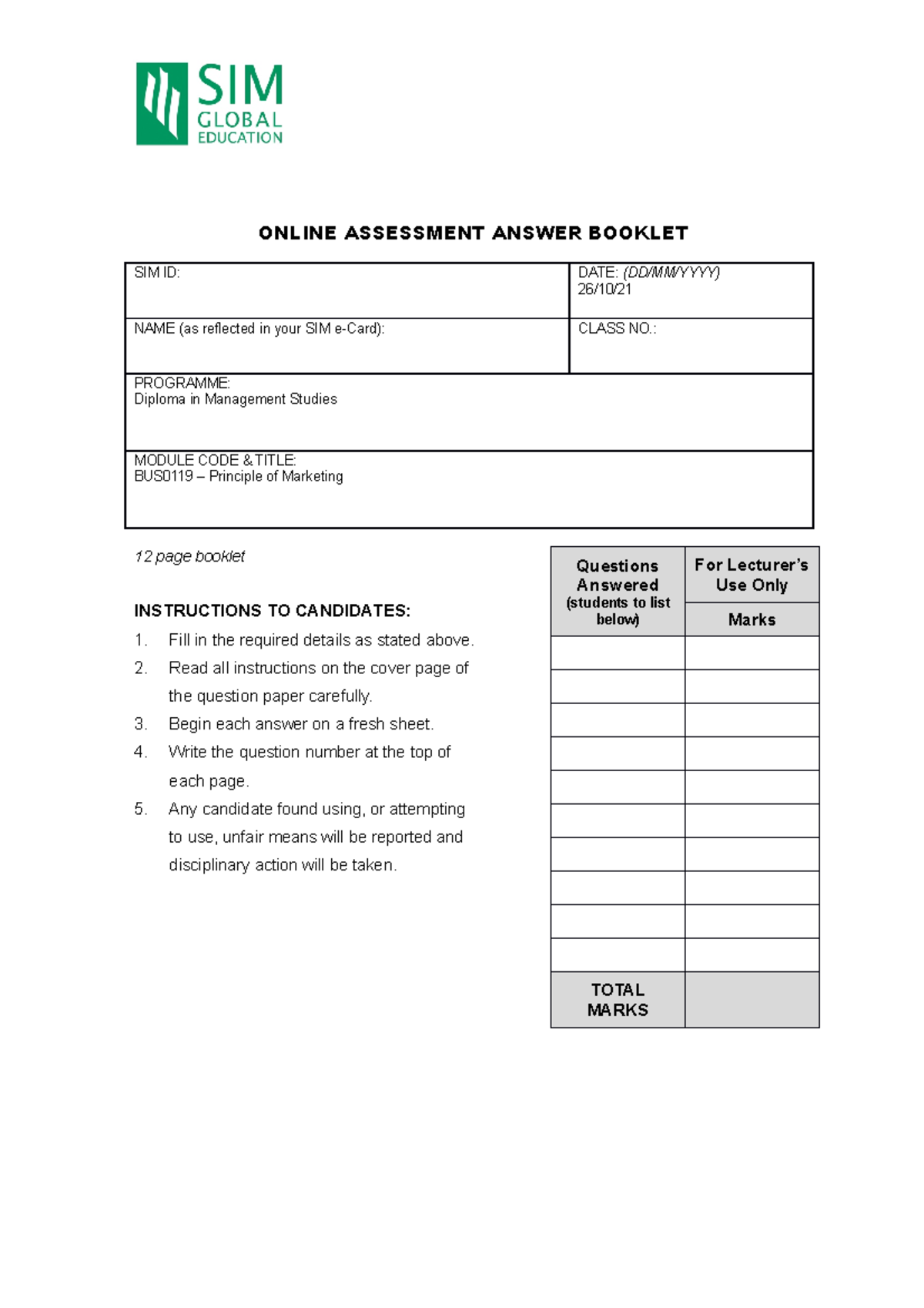 BUS0119 - CA2 - ONLINE ASSESSMENT ANSWER BOOKLET SIM ID: DATE: 26/10/21 ...