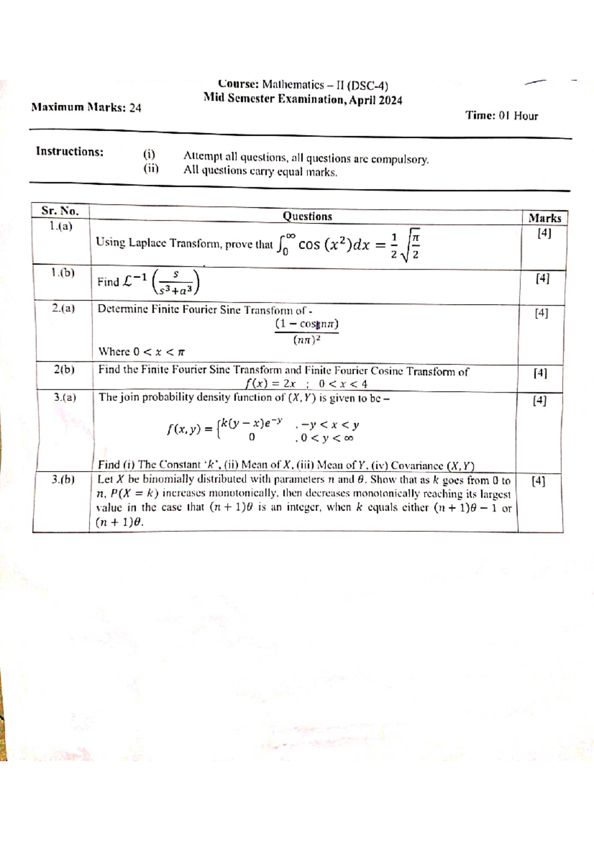 Mathematics II Mid Semester Exam - April 2024 (Max Marks: 24) - Studocu