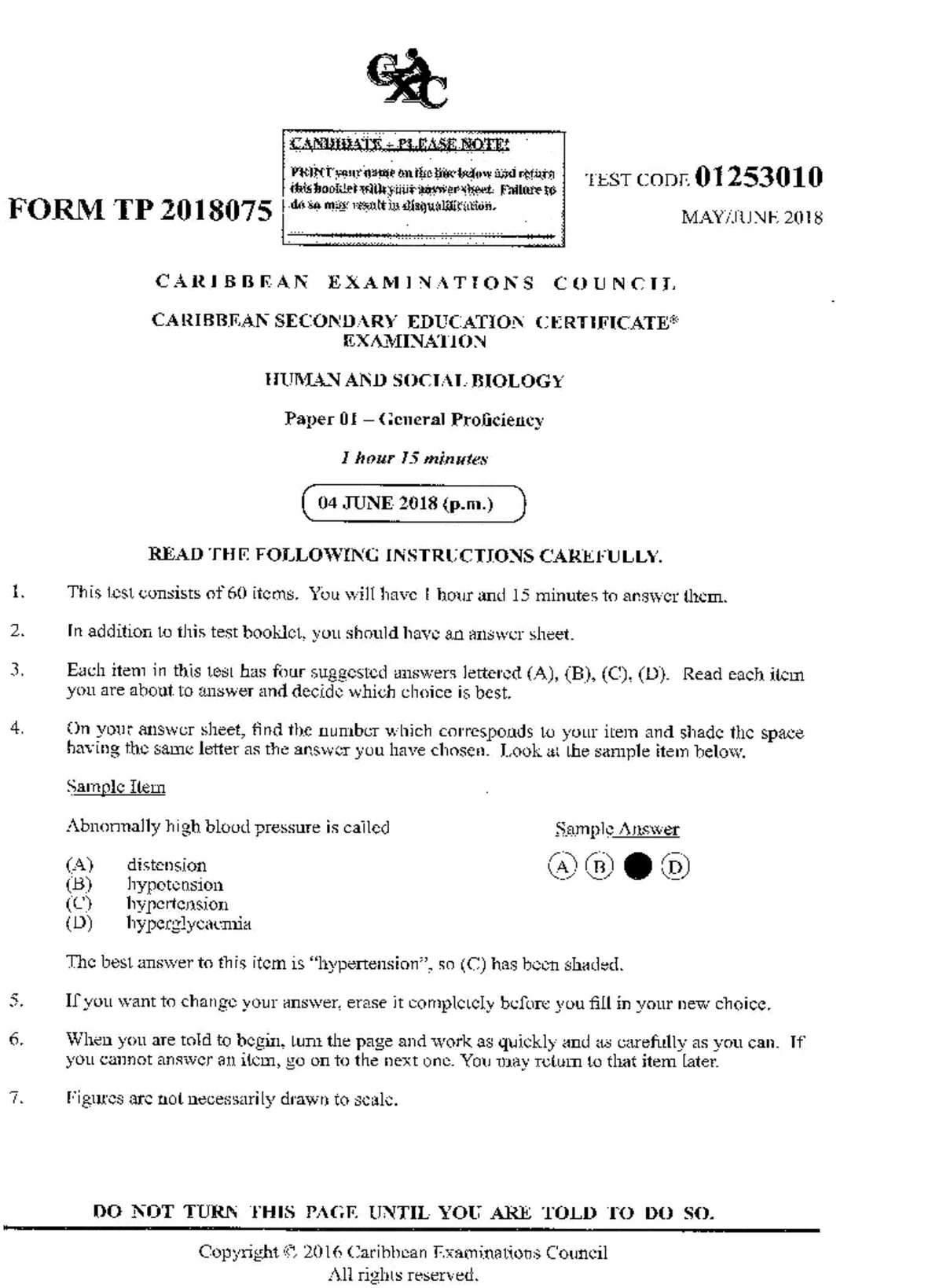 2018 CSEC HSB Paper 01 Proficiency Exam Instructions and Questions ...