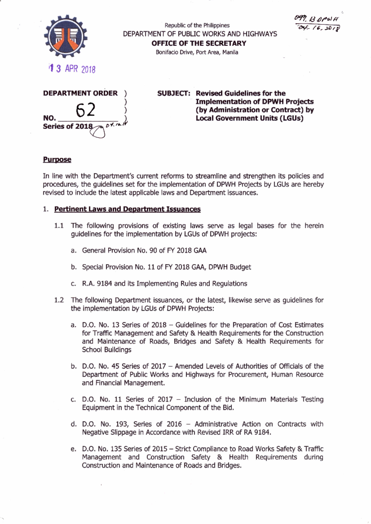 Revised DPWH Project Guidelines for LGUs Implementation (DO 062 s2018 ...