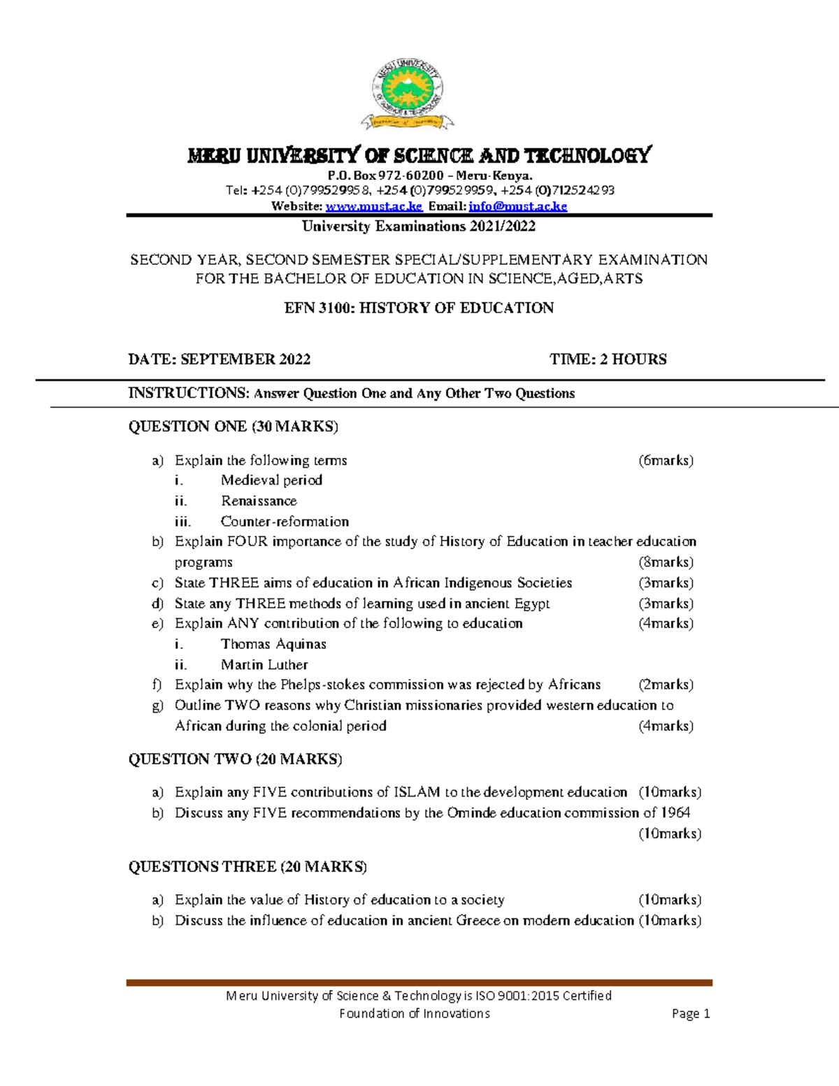 EFN 3100: History of Education - September 2022 Exam Paper - Studocu