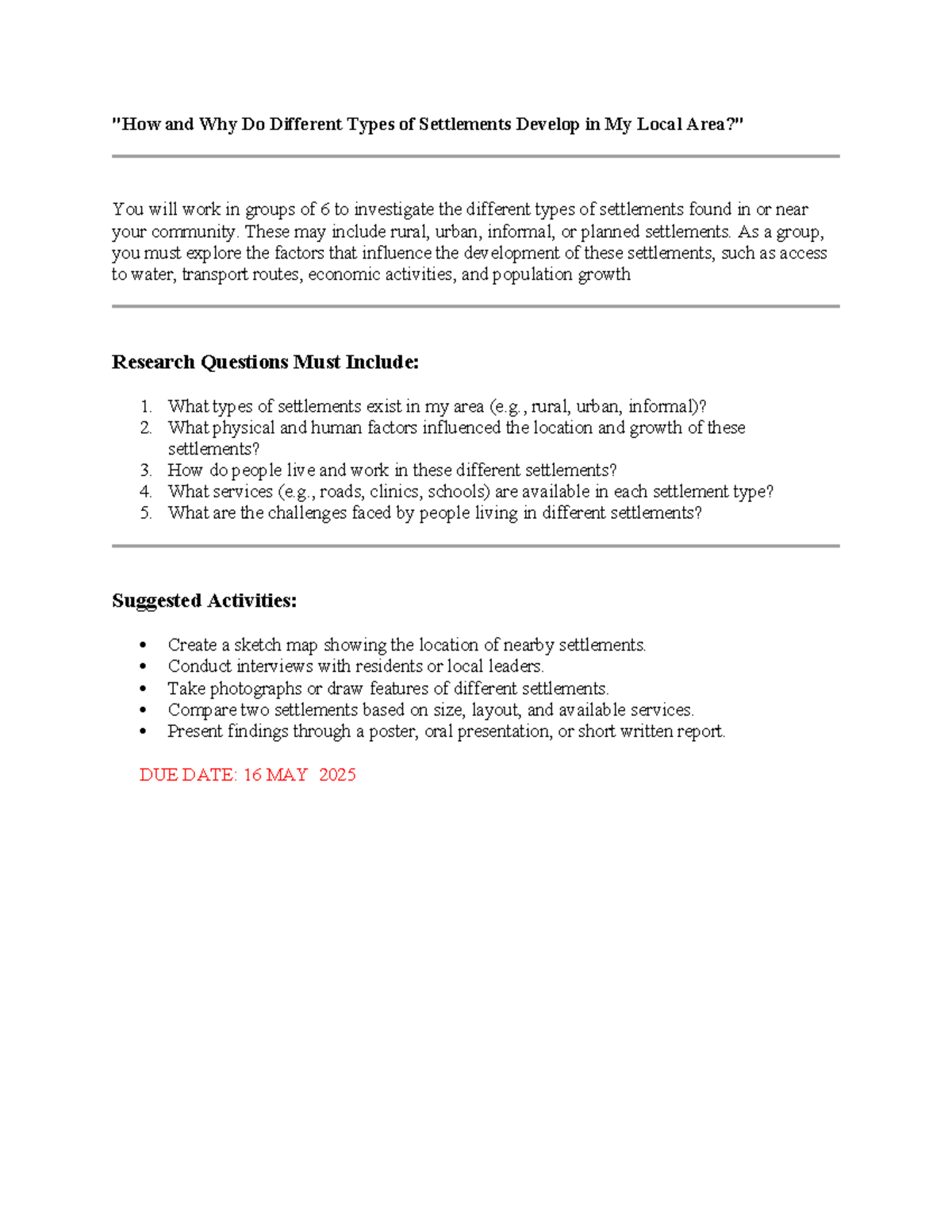 YEAR 08 SETTLEMENT PROJECT: Exploring Local Settlement Types - Studocu