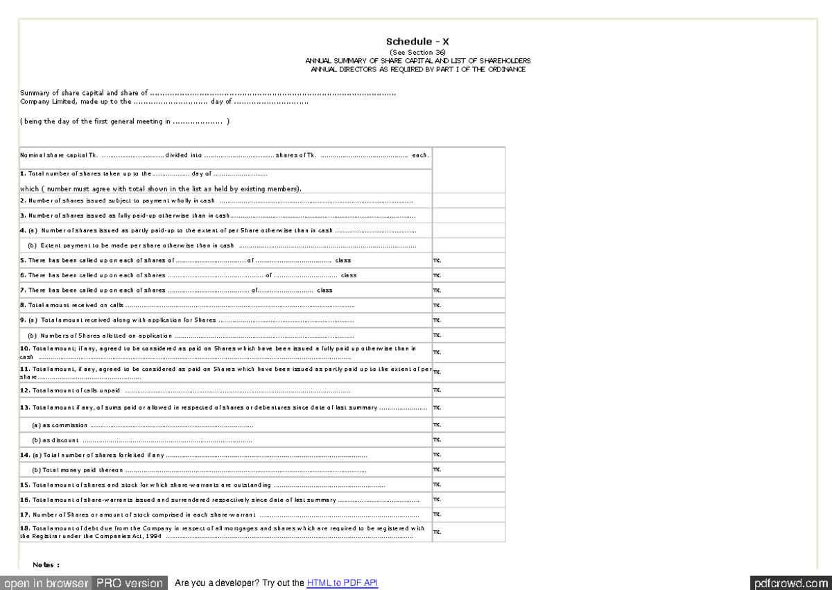 RJSC Schedule X - Summary of Share Capital & Shareholders List - Studocu