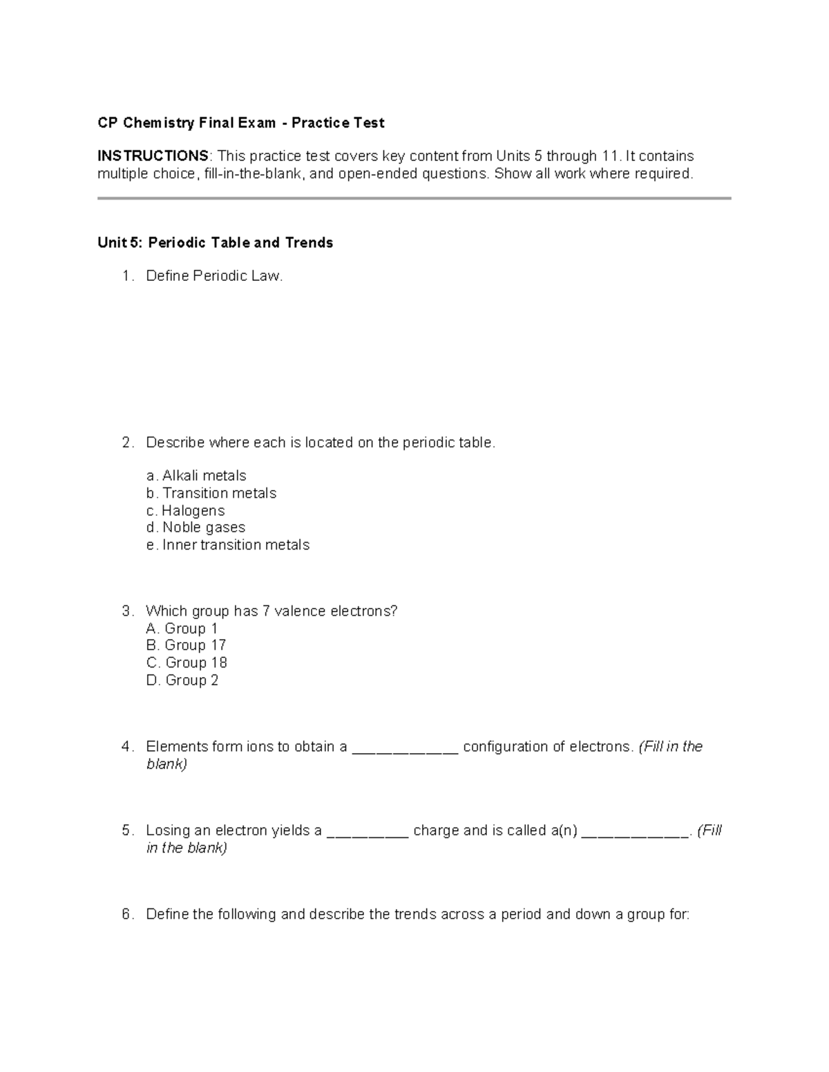 CP Chemistry Final Exam Practice Test Review (Units 5-11) - Studocu