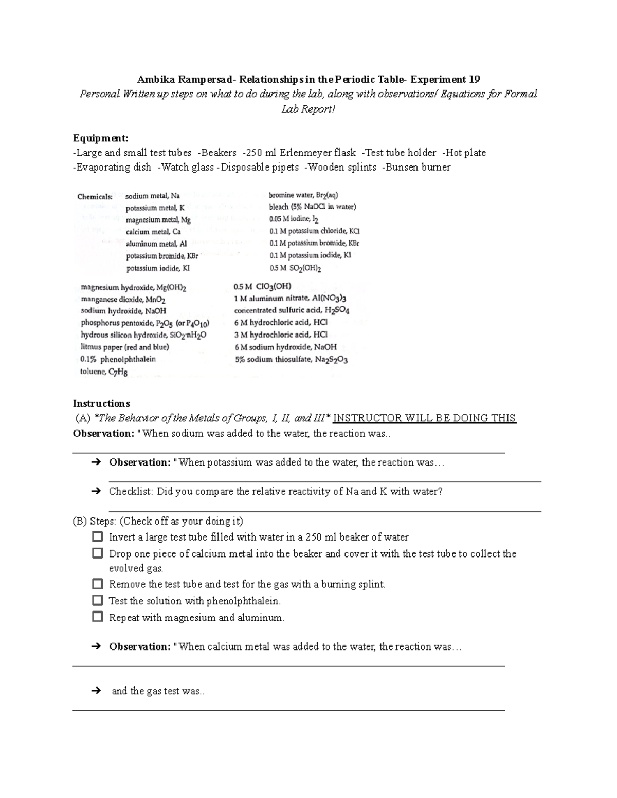 Periodic Table Experiment 16: Lab Steps & Observations on Metal ...